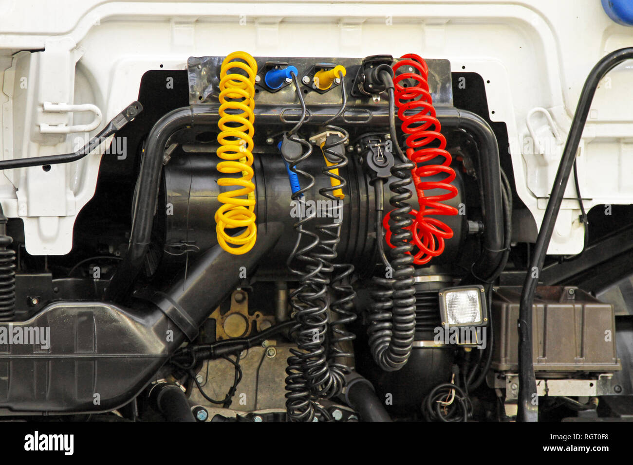 Electrical and pneumatic connections between truck and lory Stock Photo ...