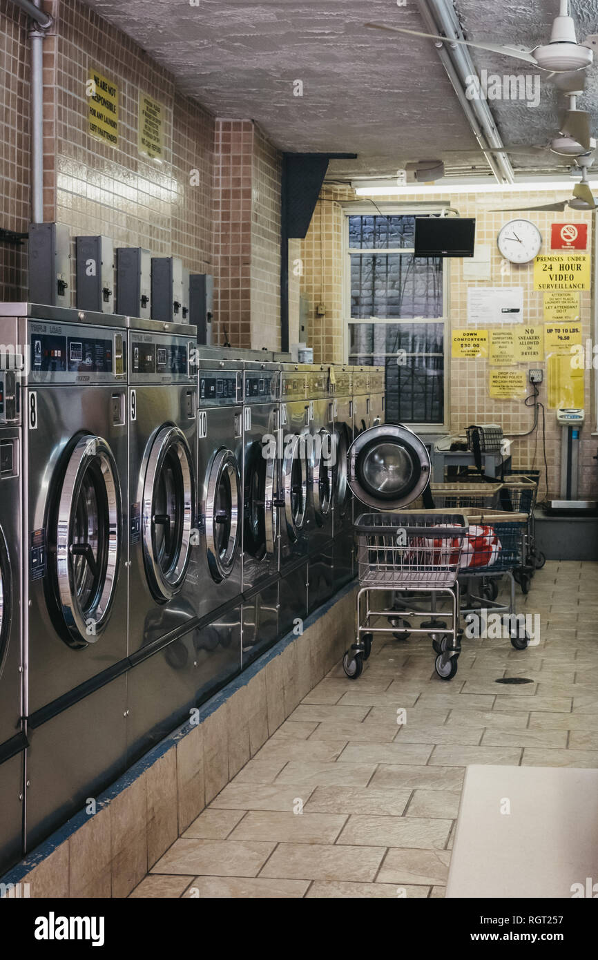 New York, USA - May 30, 2018: Interior of a laundromat in New York, the ...