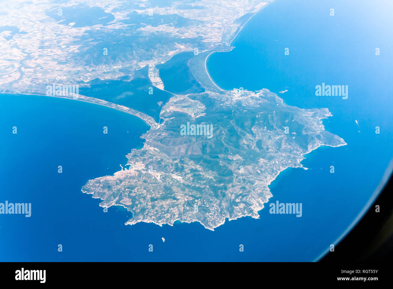 The Monte Argentario peninsula in Italy seen from above in summer Stock ...