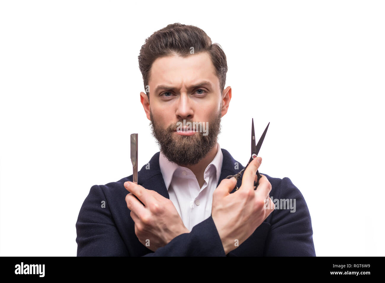 Bearded man brutal caucasian hipster with moustache holding Barber ...
