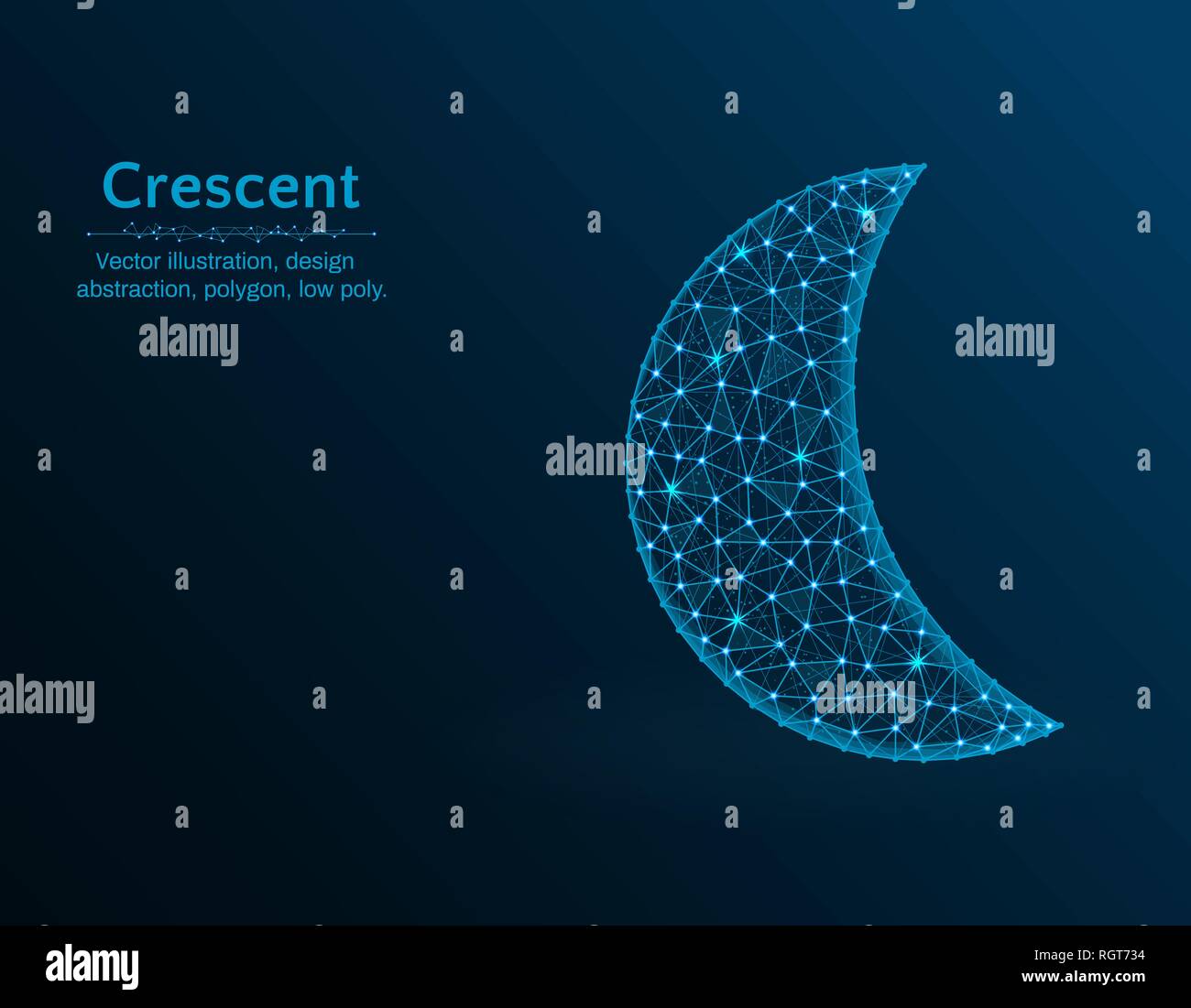 Crescent low poly vector illustration, polygon icon on blue background ...
