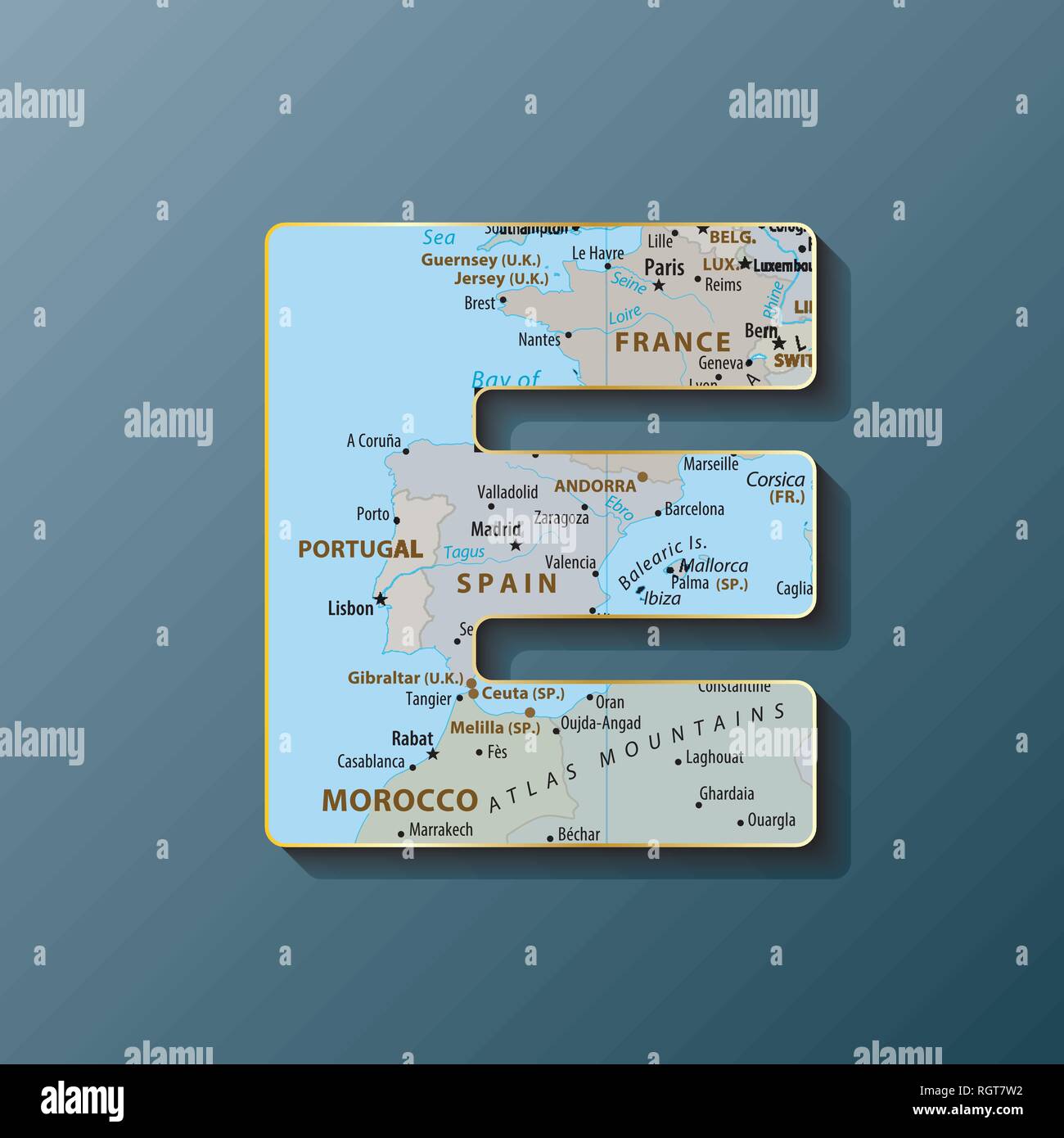 Vector illustration of uppercase letter E with map to use monograms ...