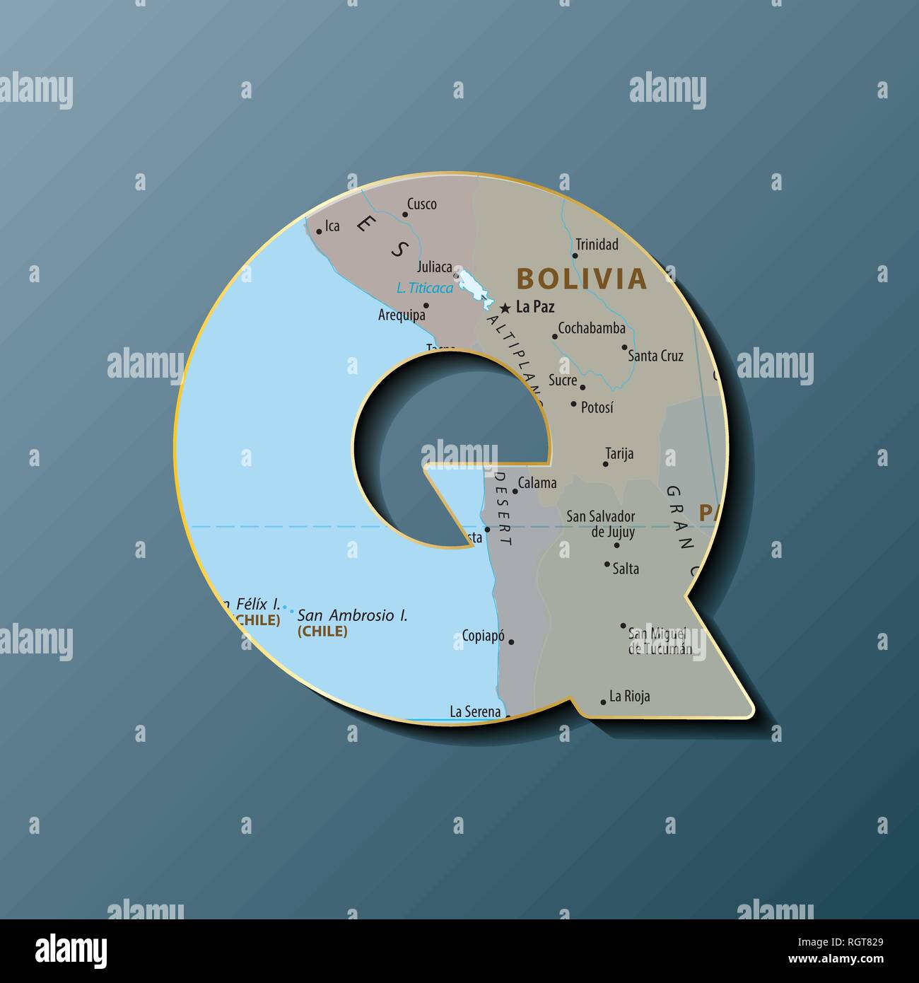 Vector illustration of uppercase letter Q with map to use monograms ...