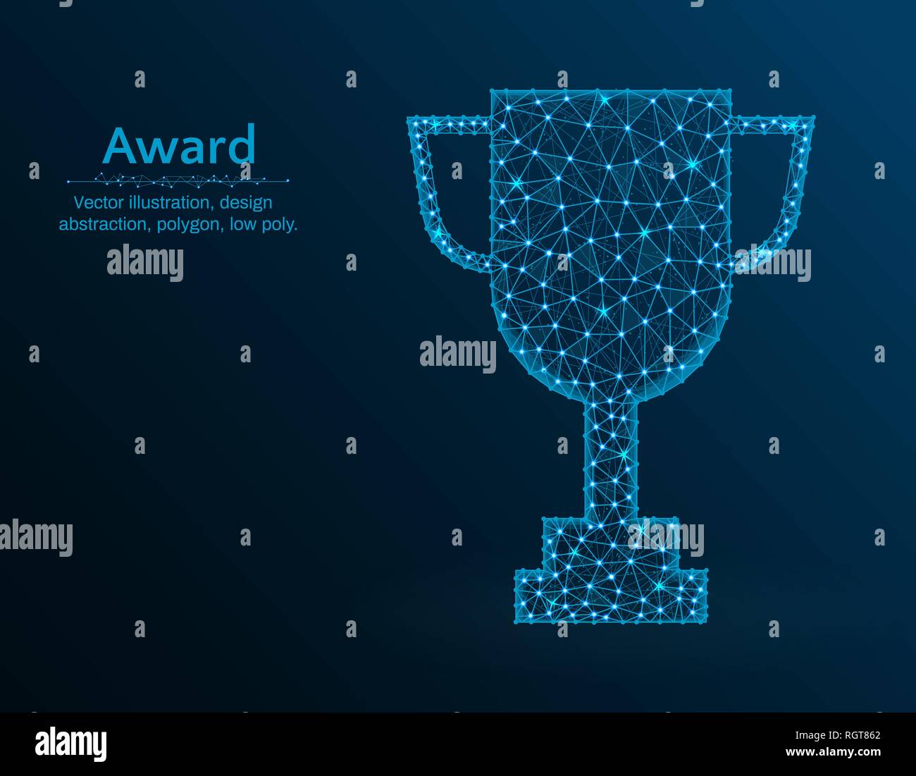 Winner cup low poly vector illustration, award polygon icon on blue ...