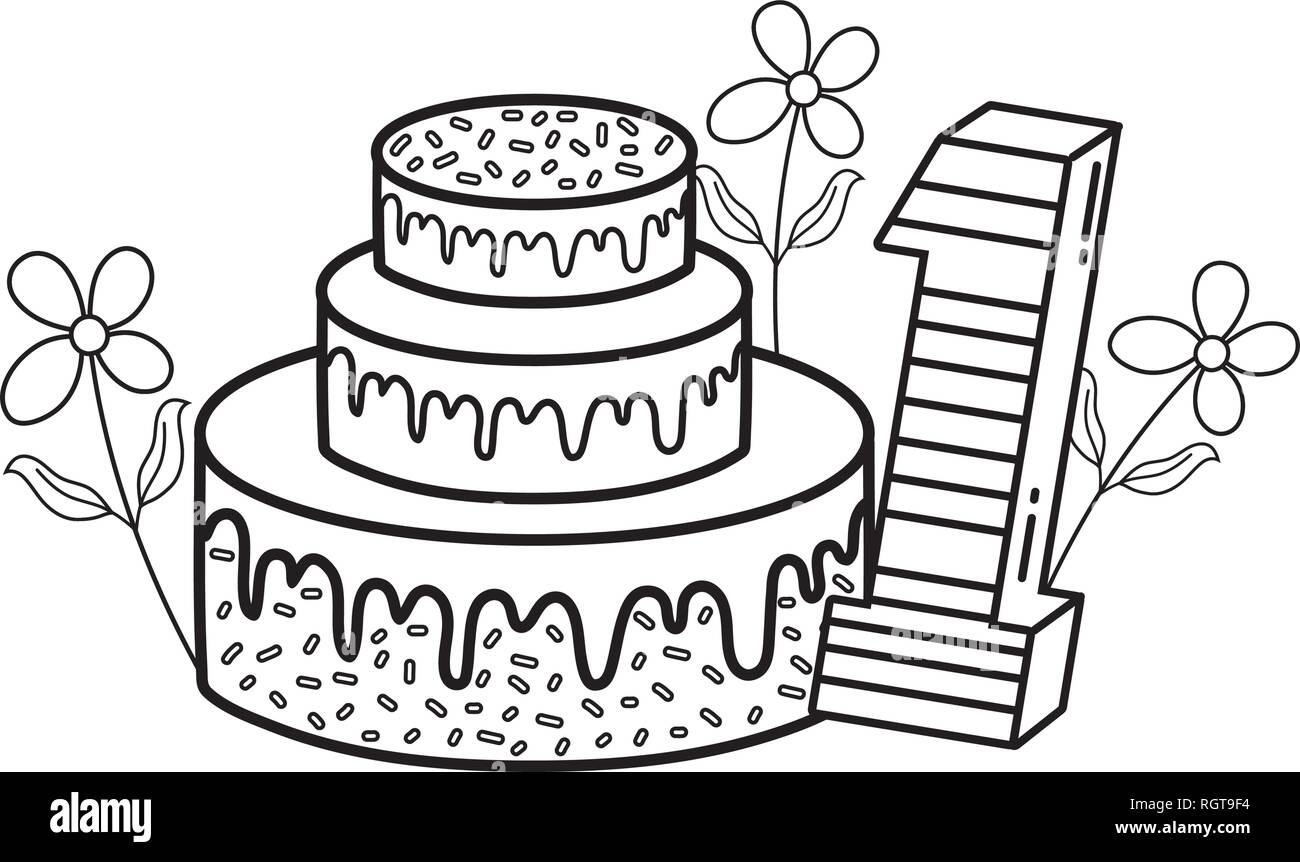 party cake with flowers and and candle number one Stock Vector Image ...