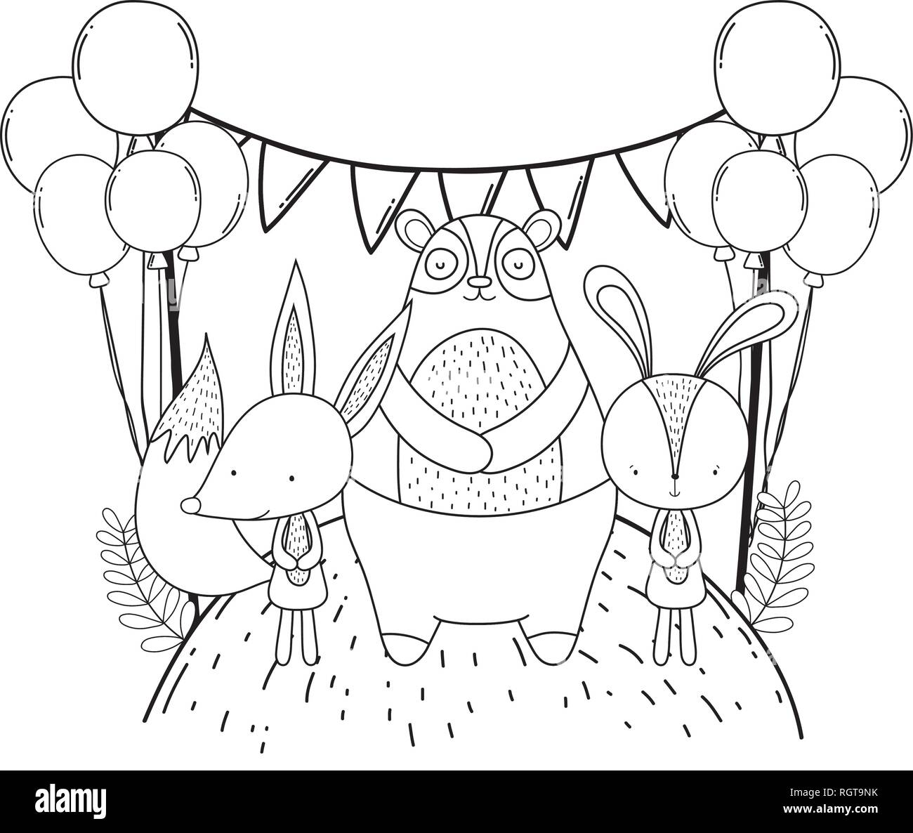 cute bear rabbit and fox with balloons helium in the landscape Stock ...
