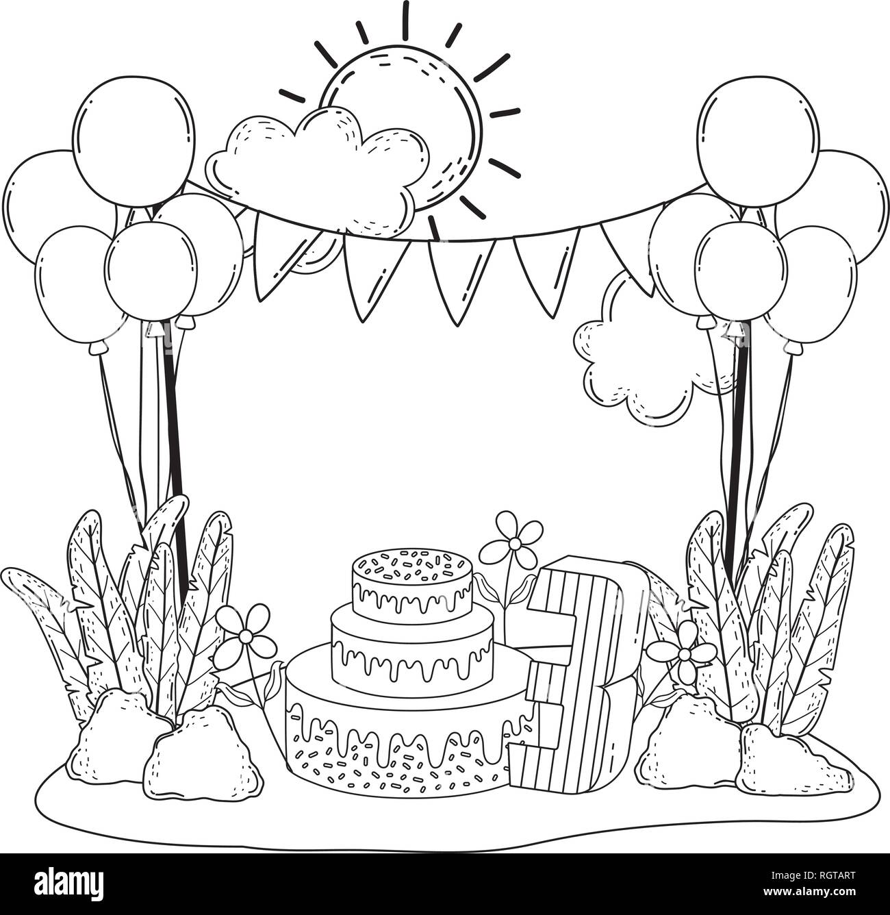 beautiful landscape with party cake and balloons helium Stock Vector ...