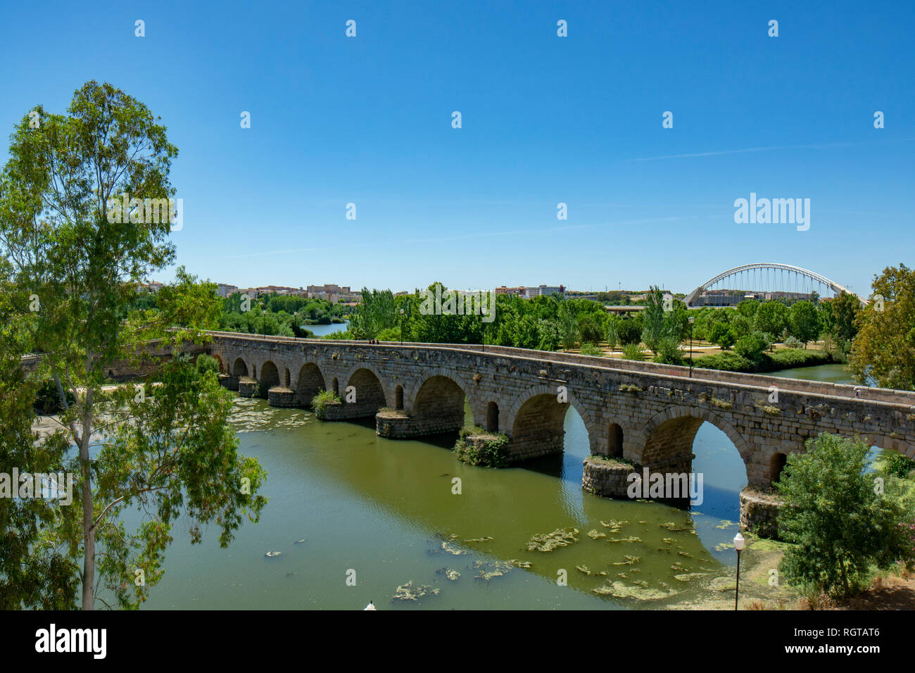 Merida, Badajoz, Spain; May 2015: An antique romanesque bridge over ...