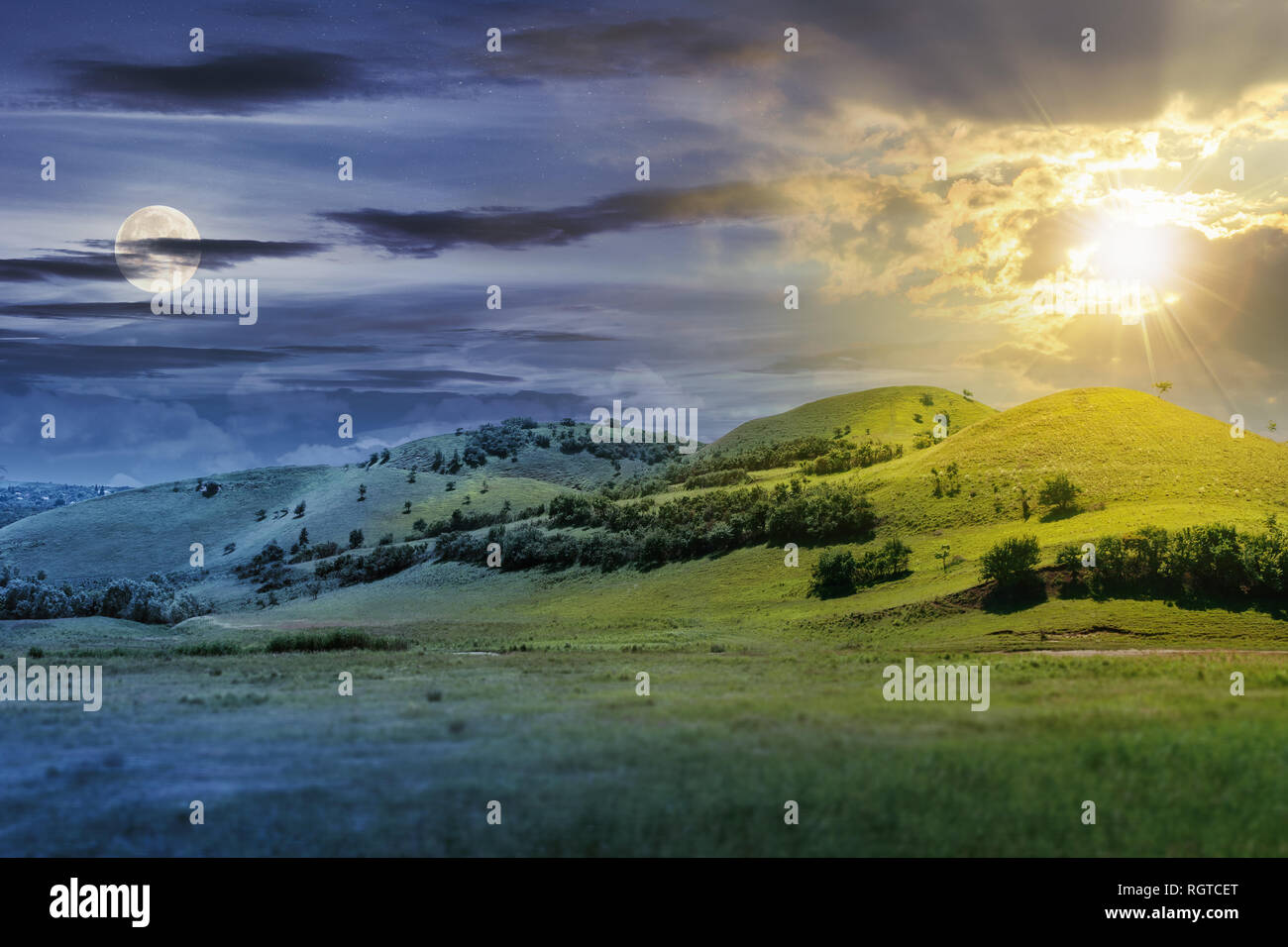day and night time change concept above three hills in summer landscape ...