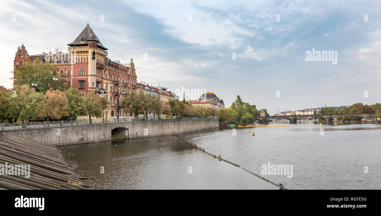 Stunning Prague architecture buildings and the embankment of the Vltava ...