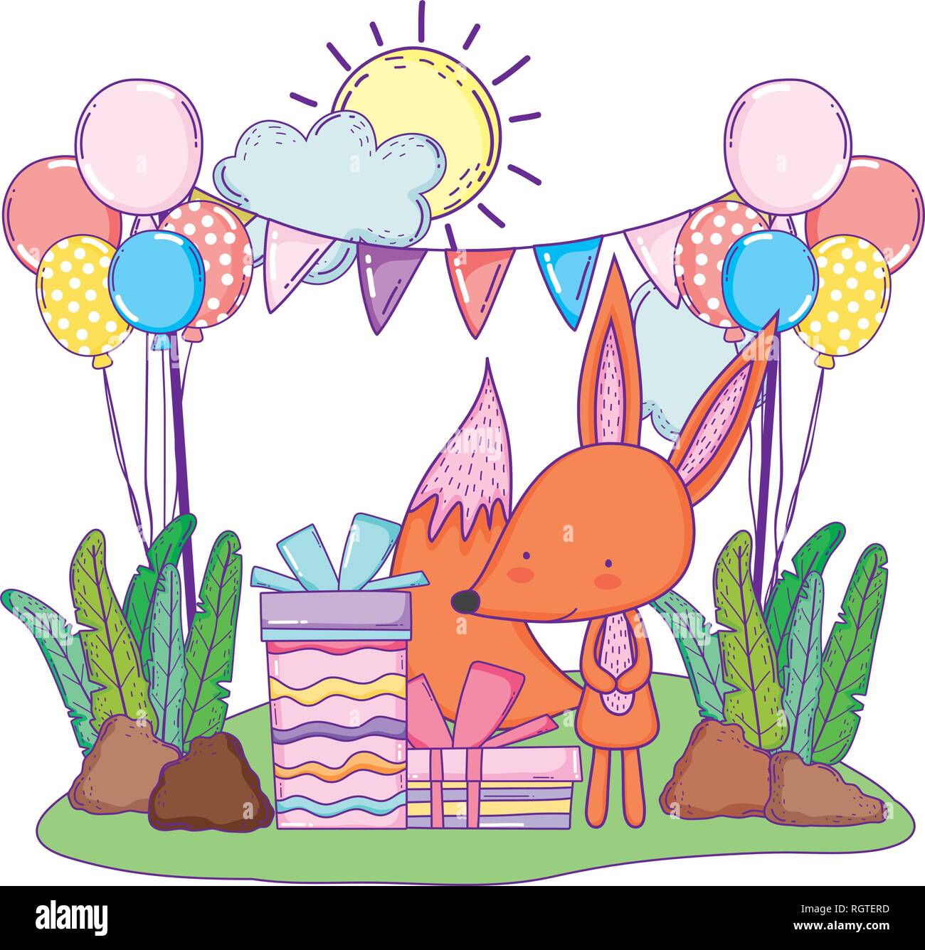 cute and little fox with balloons helium in the landscape Stock Vector ...