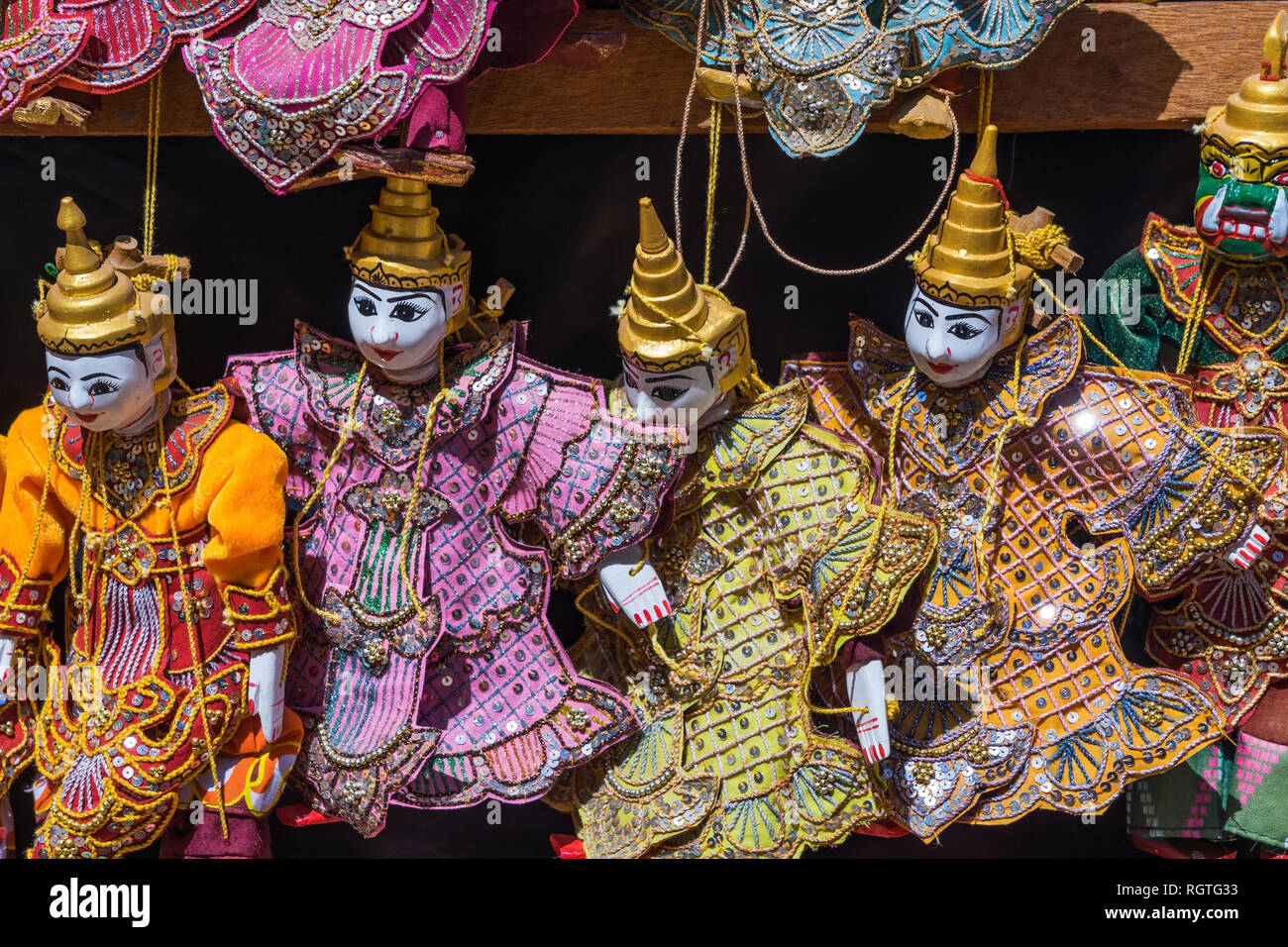 Traditional handicraft puppets for sale in the ancient pagoda in Bagan ...