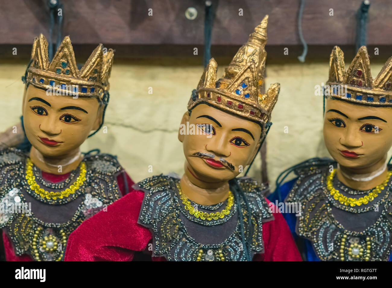 Traditional handicraft puppets for sale in the ancient pagoda in Bagan ...
