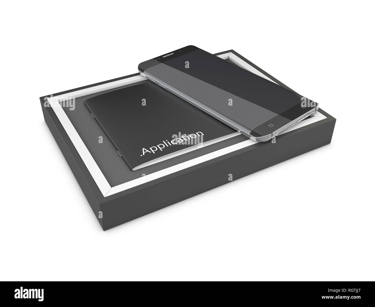 Black opened rectangular box with black mobile phone on white ...