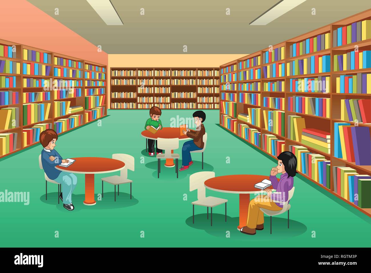 A vector illustration of Group of School Kids Studying in Library Stock ...