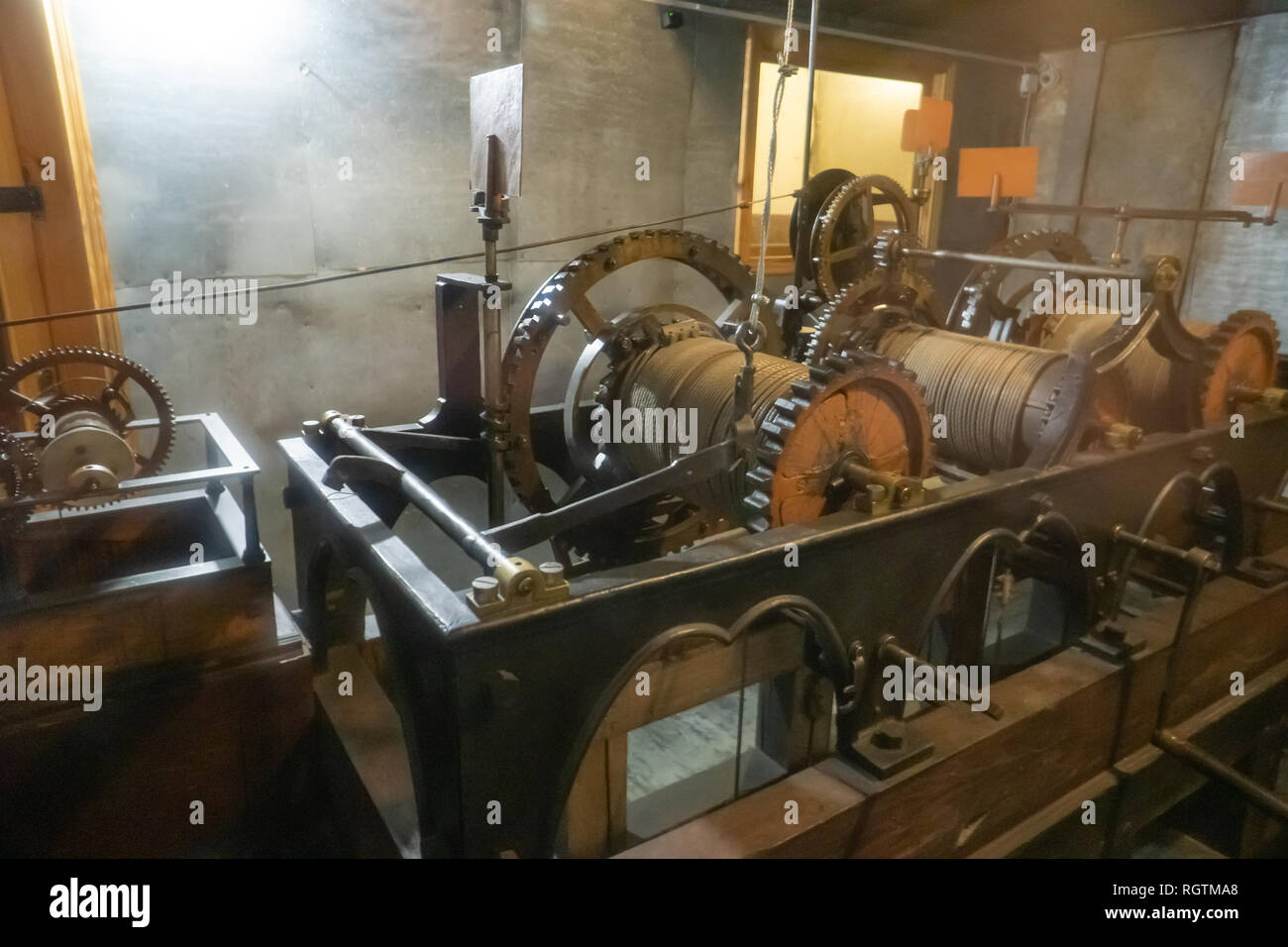 Mechanism of the old clock tower inside Stock Photo - Alamy