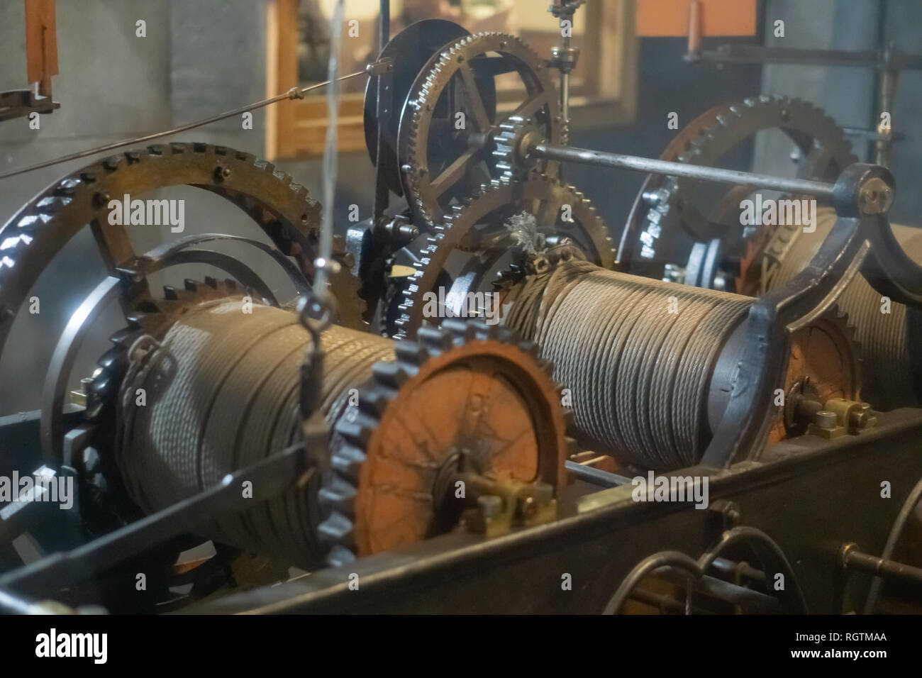 Mechanism of the old clock tower inside Stock Photo - Alamy