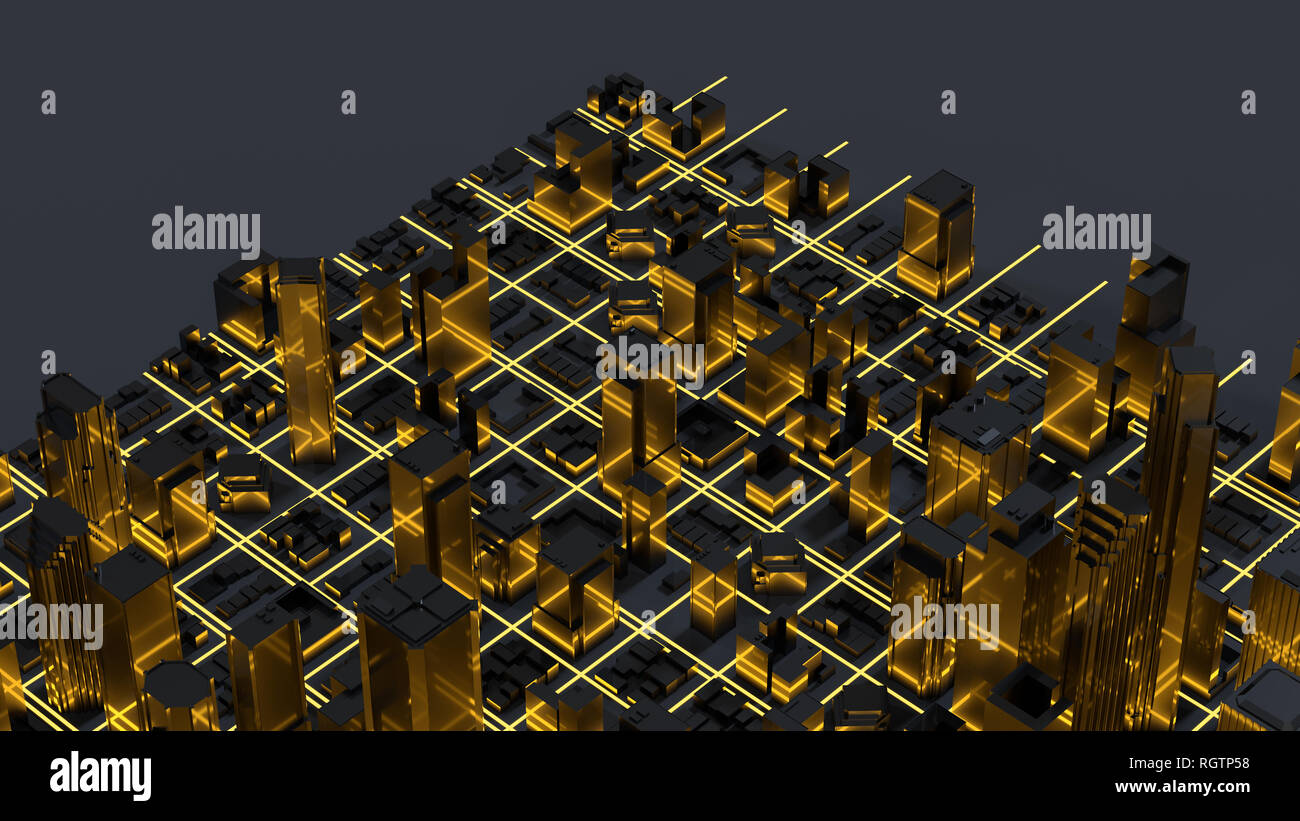 Abstract 3d city rendering with glow lines road and digital elements ...