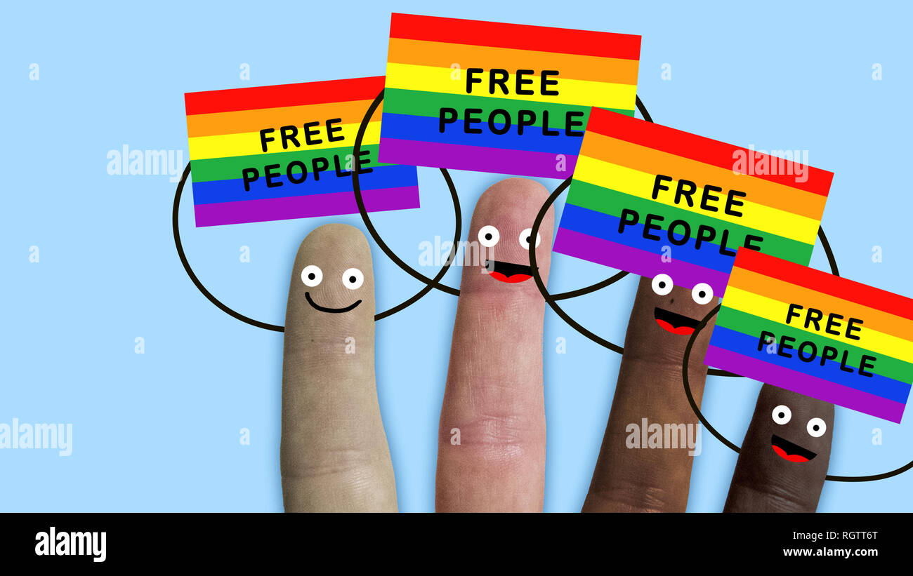 fingers of one hand, of various ethnic groups manifest with rainbow ...