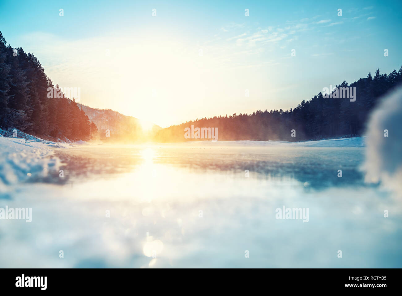 Frozen winter river in mountains. Snow mountain river, panorama ...
