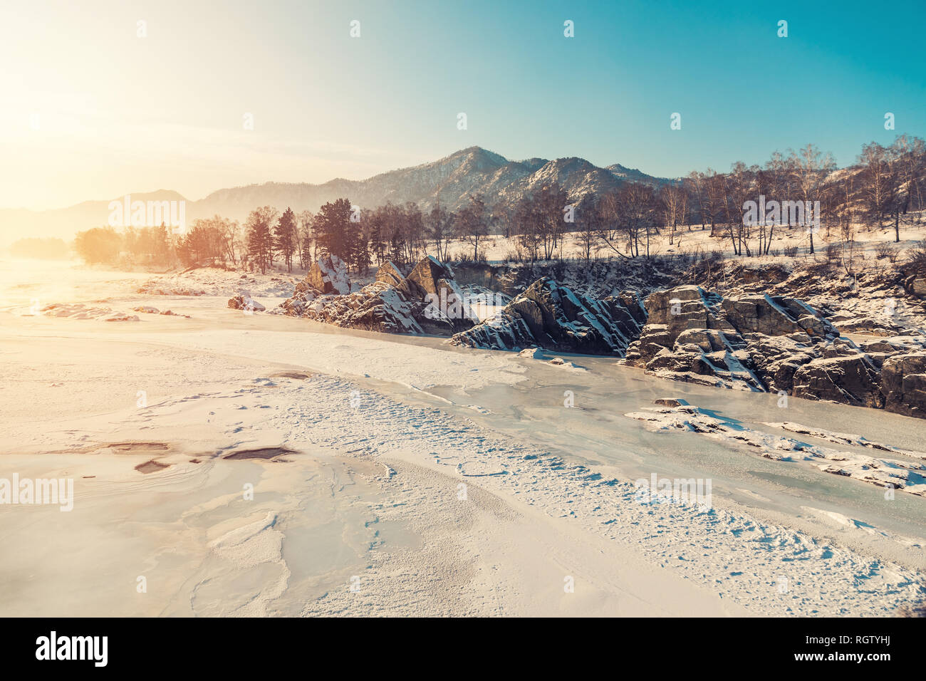 Frozen winter river in mountains. Snow mountain river, panorama ...