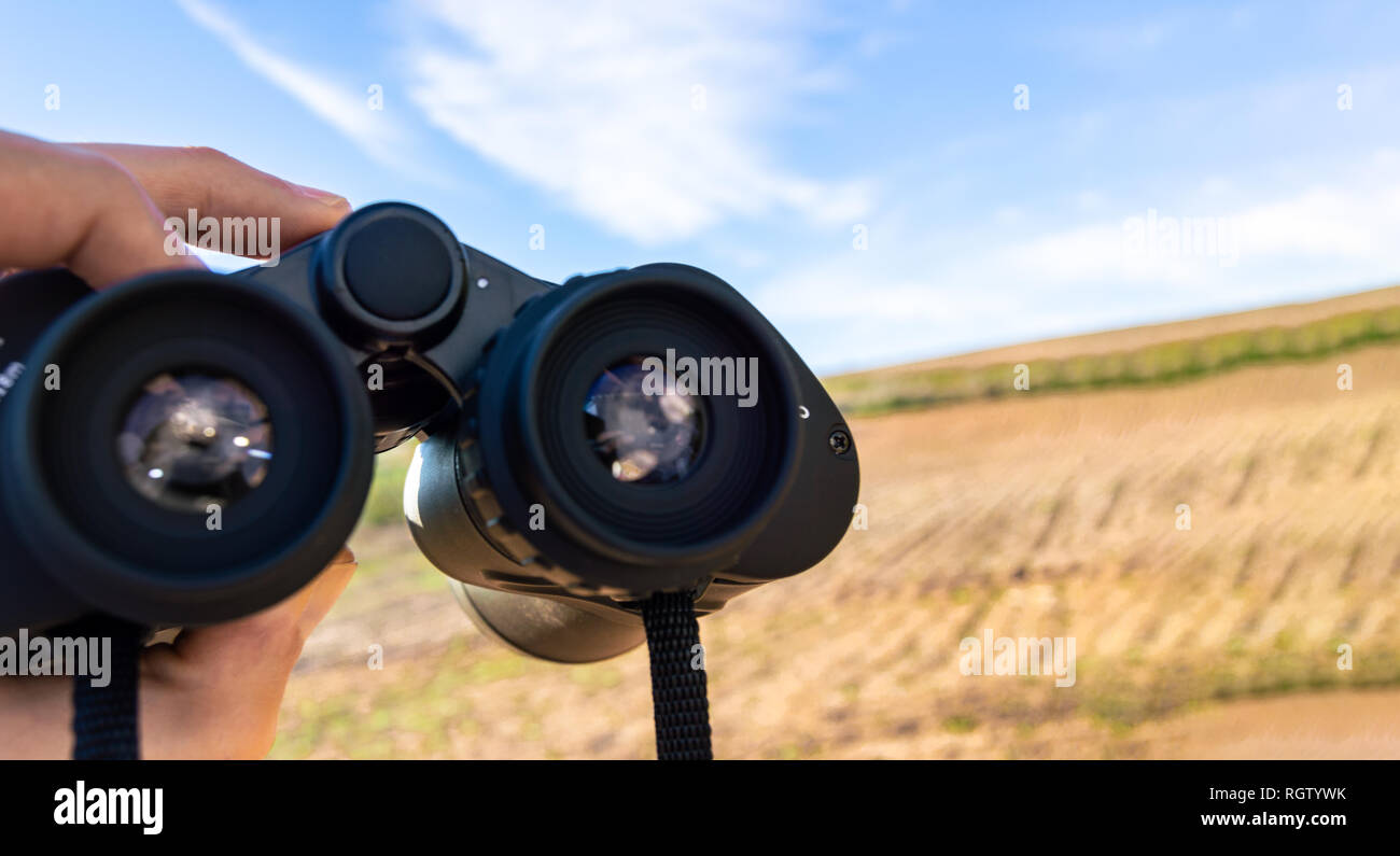 Observing nature and birds in the field using binoculars during a clear ...