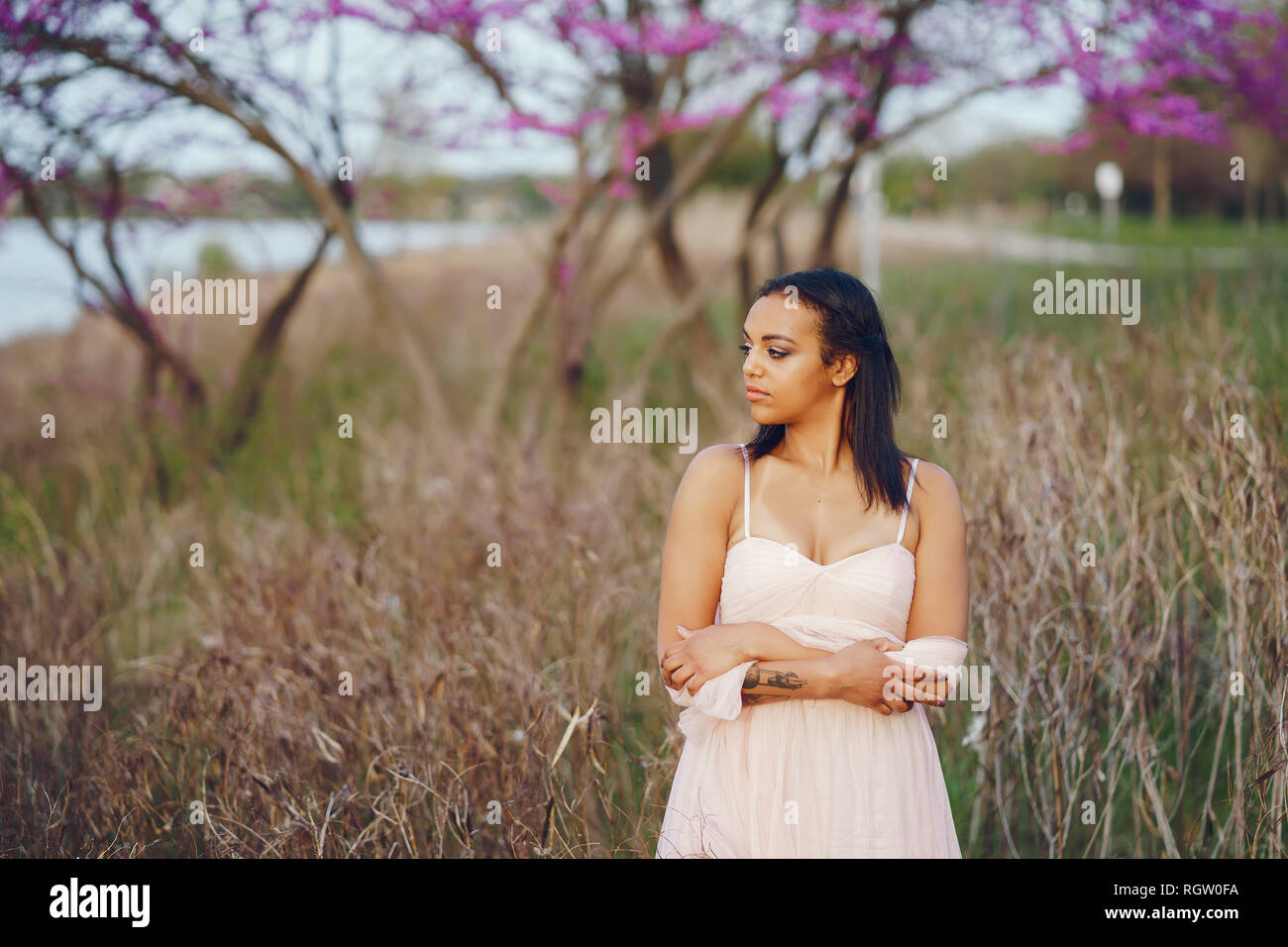 African-American young woman, the trees with the lovely pink color ...