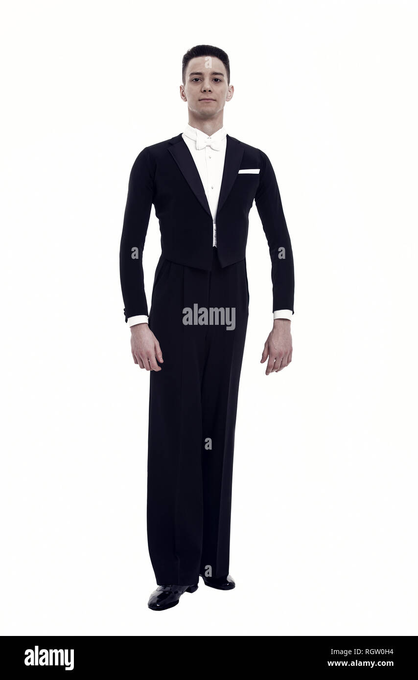 Man in black suit full length isolated on white, dance. Ballroom dancer ...