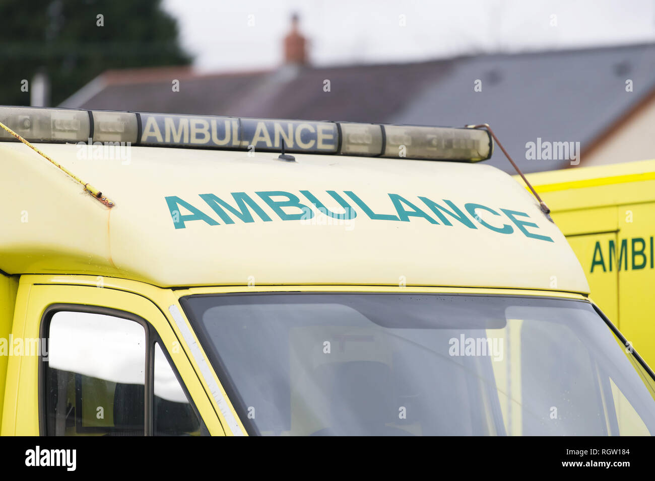 A closeup of an ambulance sign on an ambulance in Swansea, Wales, UK ...