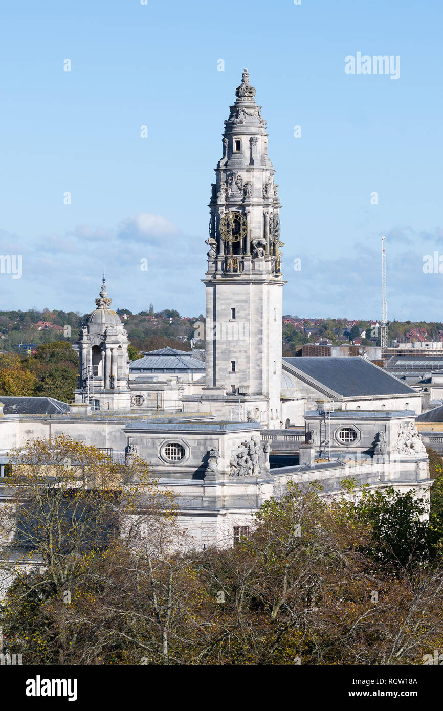 A general view of the clock tower of Cardiff City Hall in Cardiff ...