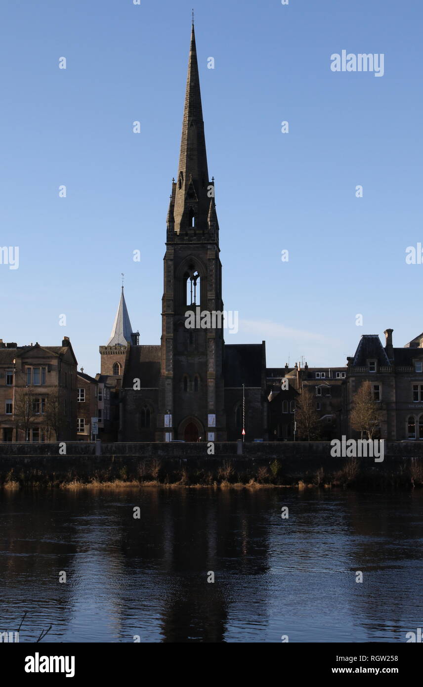 Perth waterfront reflected in River Tay Scotland January 2019 Stock ...