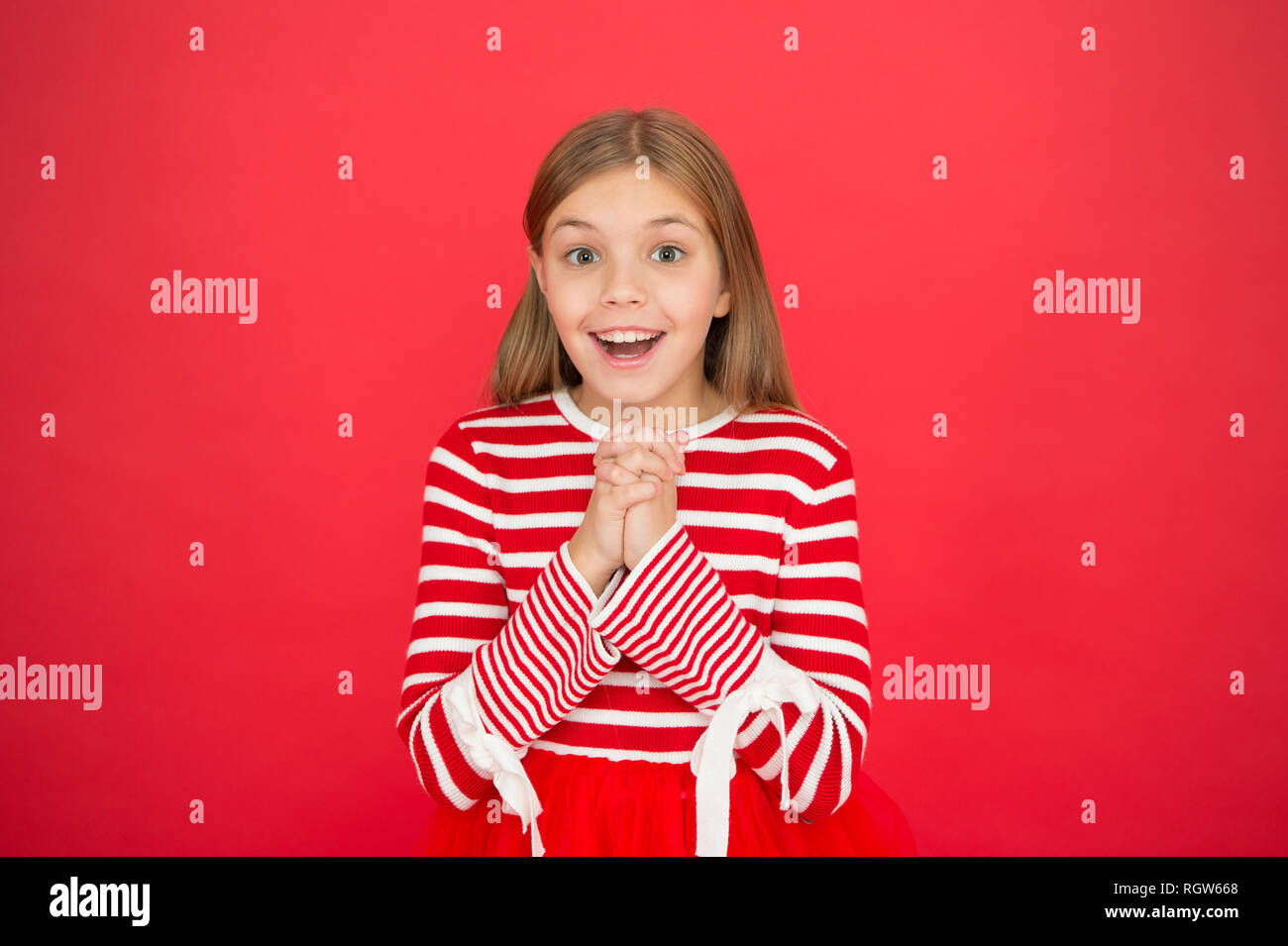 Girl hopeful excited face making wish. Believe in miracle. Child girl ...