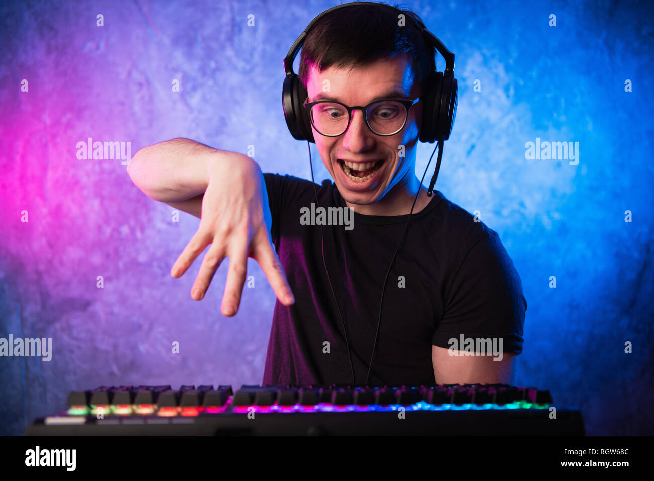 Portrait of funny nerd working on computer Stock Photo - Alamy