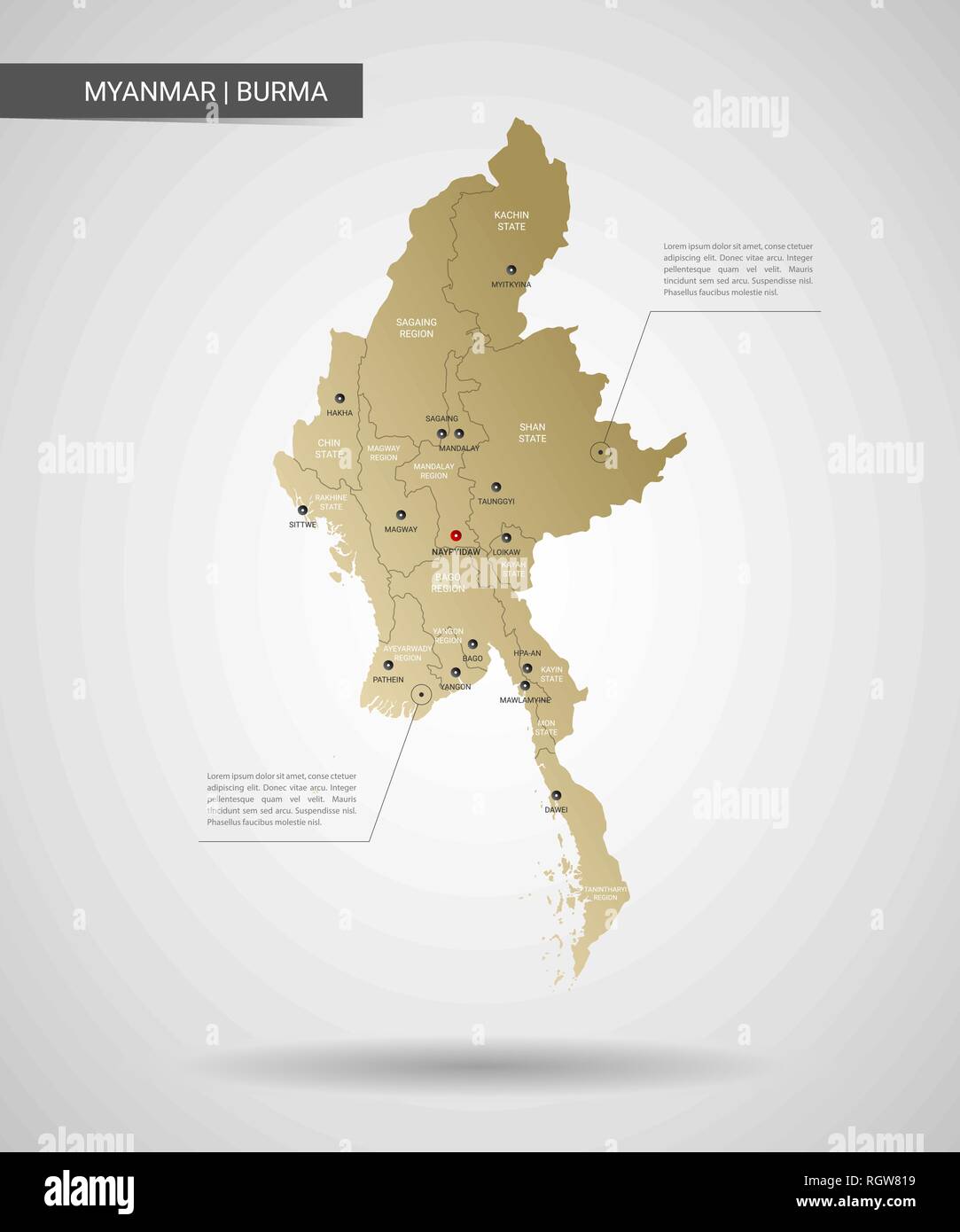 Stylized vector Myanmar Burma map. Infographic 3d gold map illustration with cities, borders ...