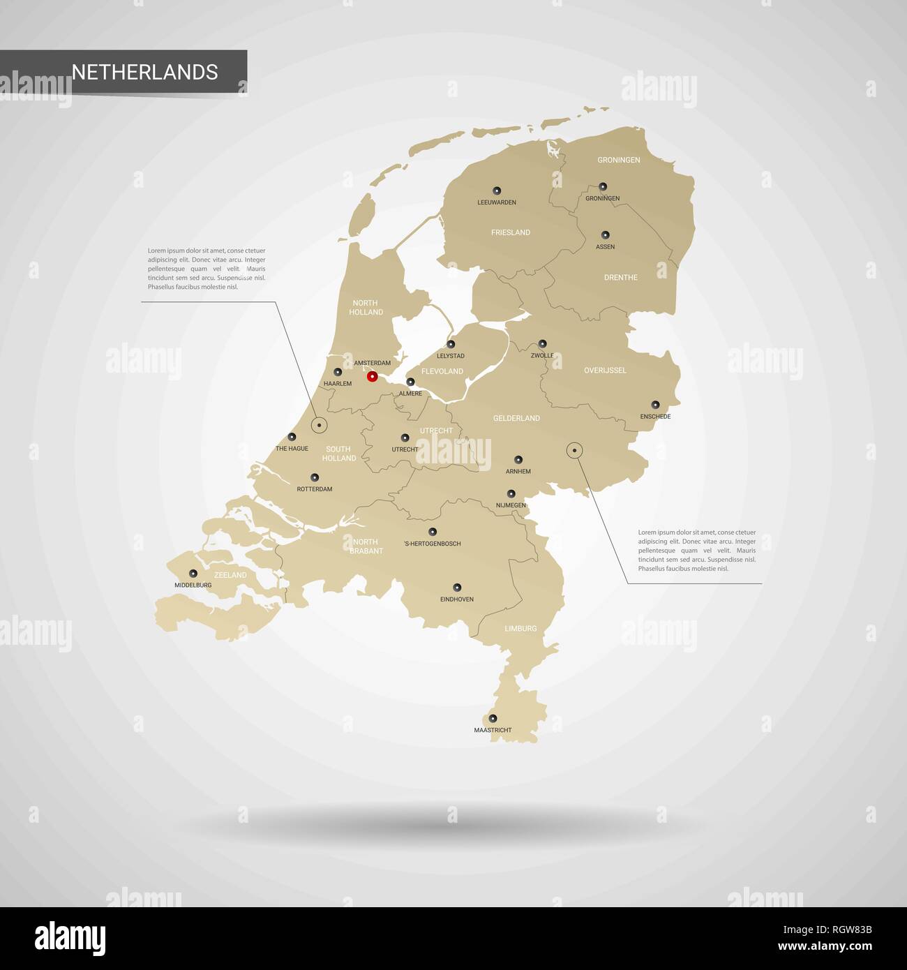 Stylized vector Netherlands map. Infographic 3d gold map illustration ...