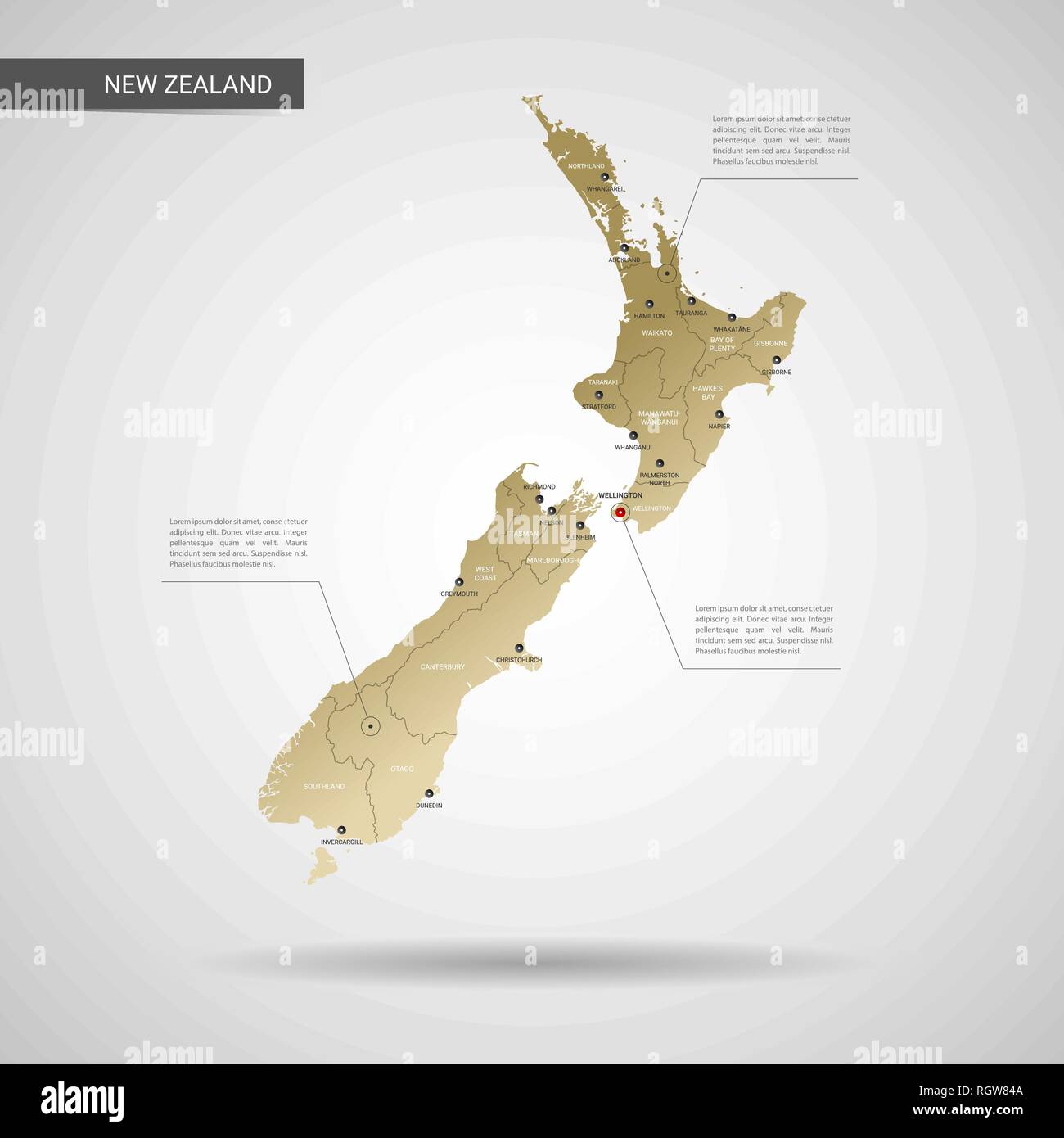 Stylized vector New Zealand map. Infographic 3d gold map illustration ...