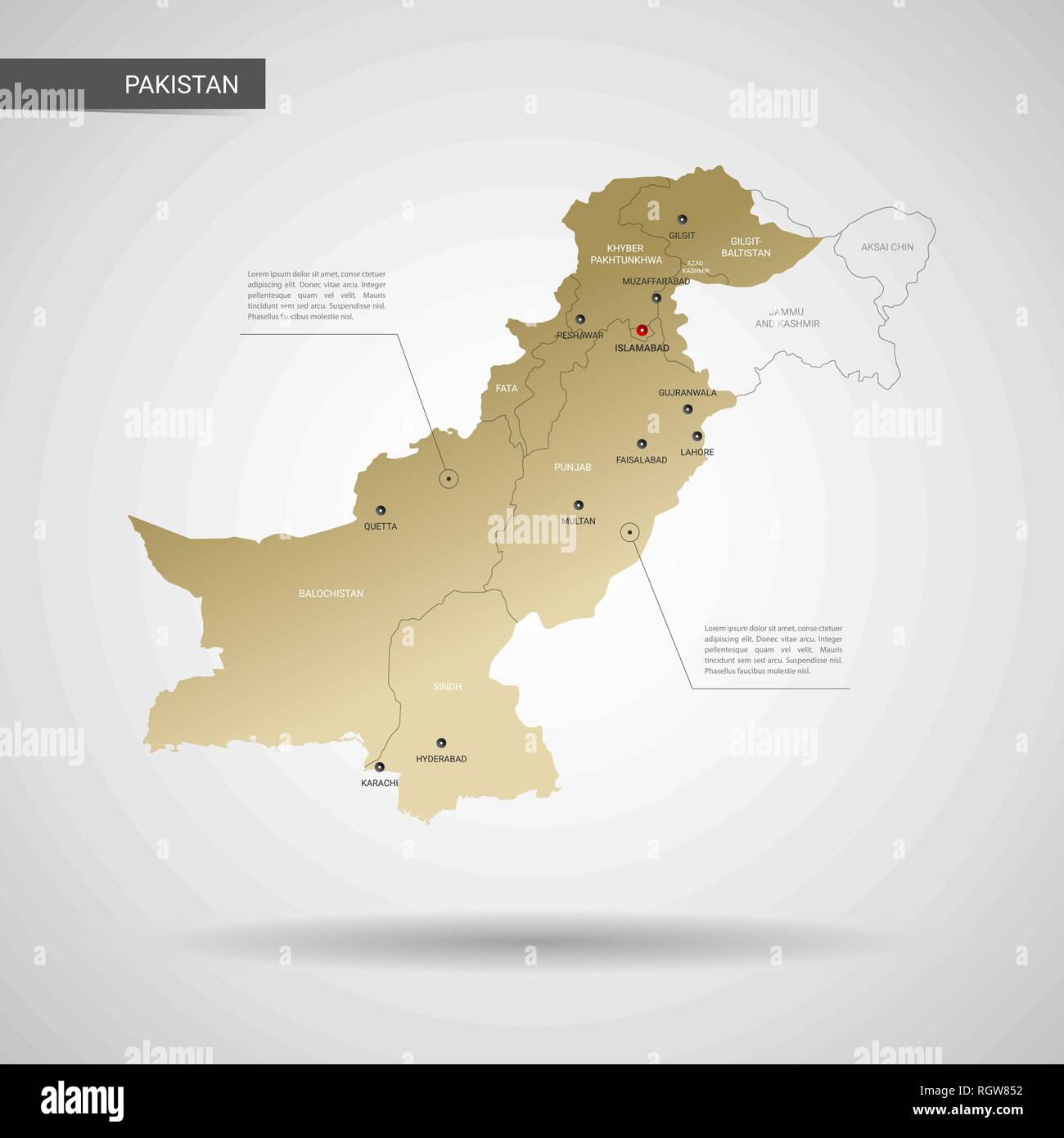 Stylized vector Pakistan map. Infographic 3d gold map illustration with cities, borders, capital ...