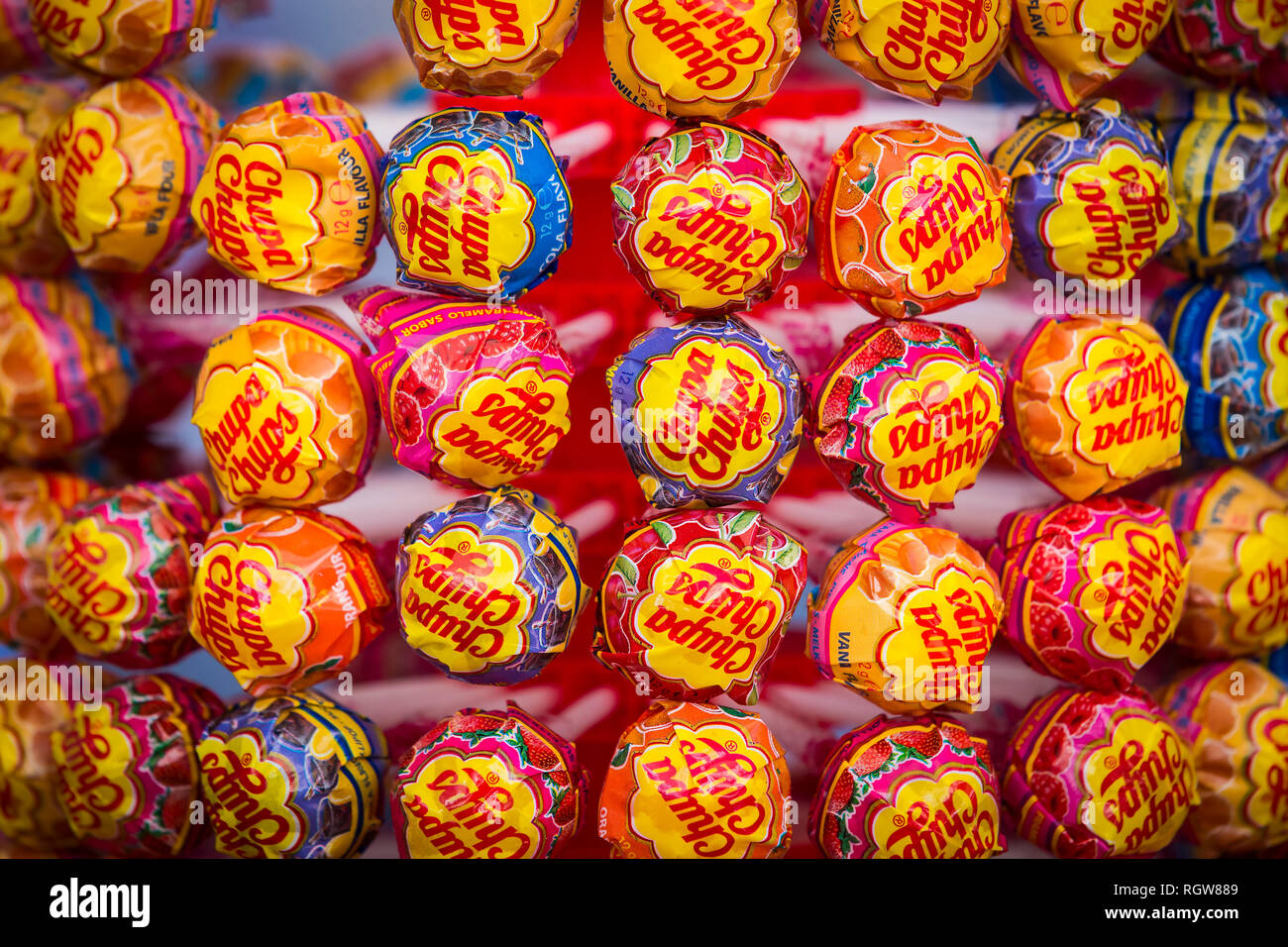 VERONA, ITALY - 4 SEPTEMBER: Stand with chupa chups candy shot close up ...
