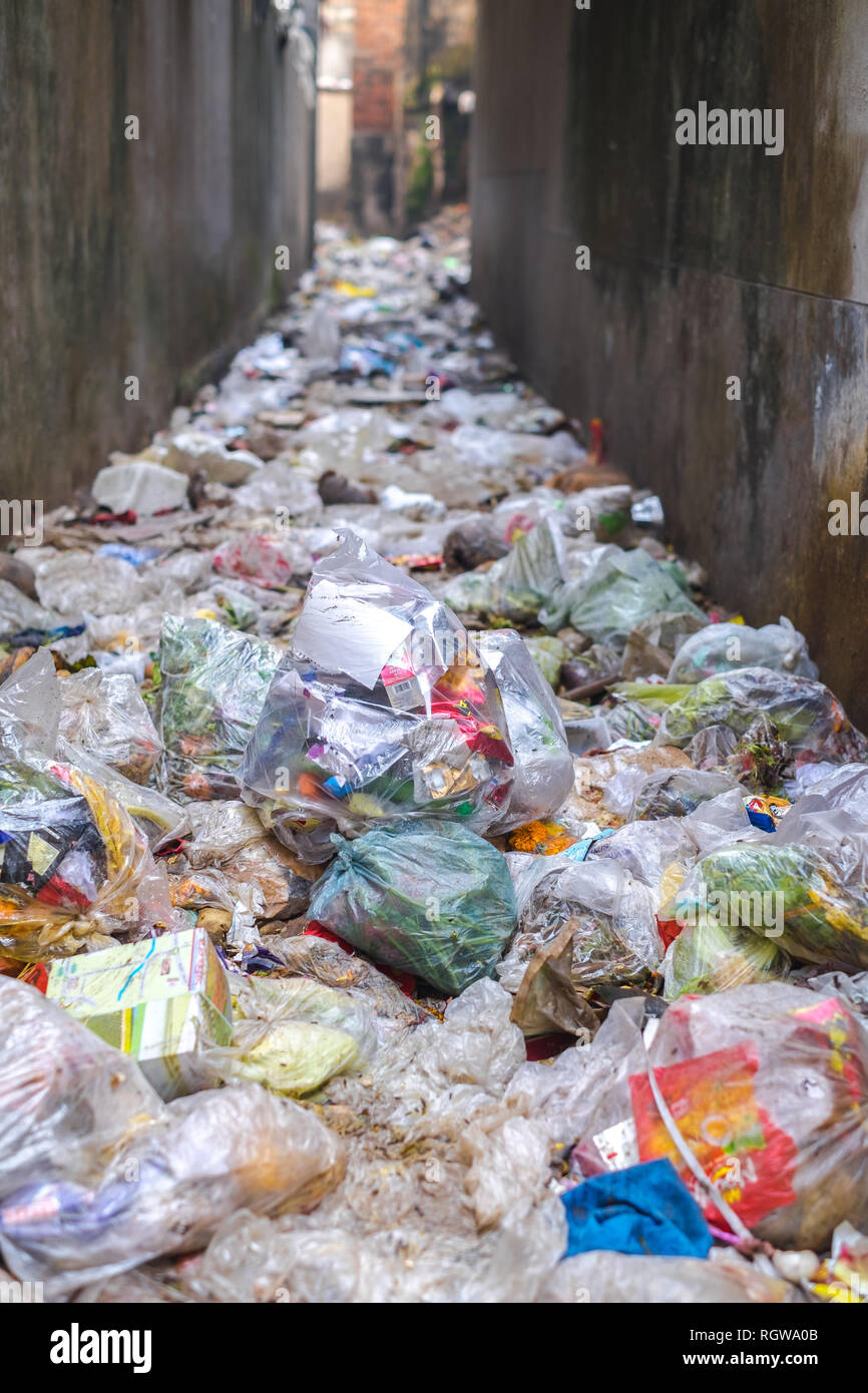 Garbage and plastic pollution in small alley in Narayanganj near Dhaka ...