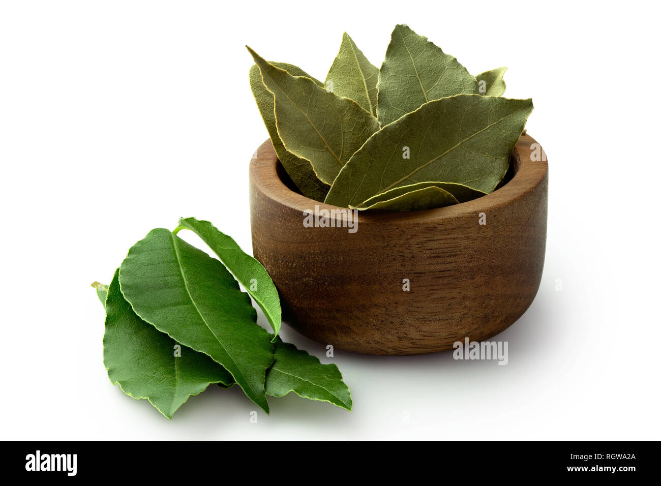 Dried bay leaves in a dark wood bowl next to fresh bay leaves isolated ...