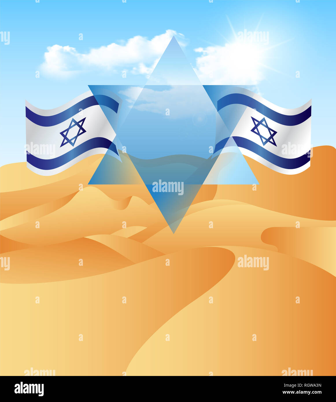 Israel Independence Day Illustration with sky, desert, Israeli flag ...