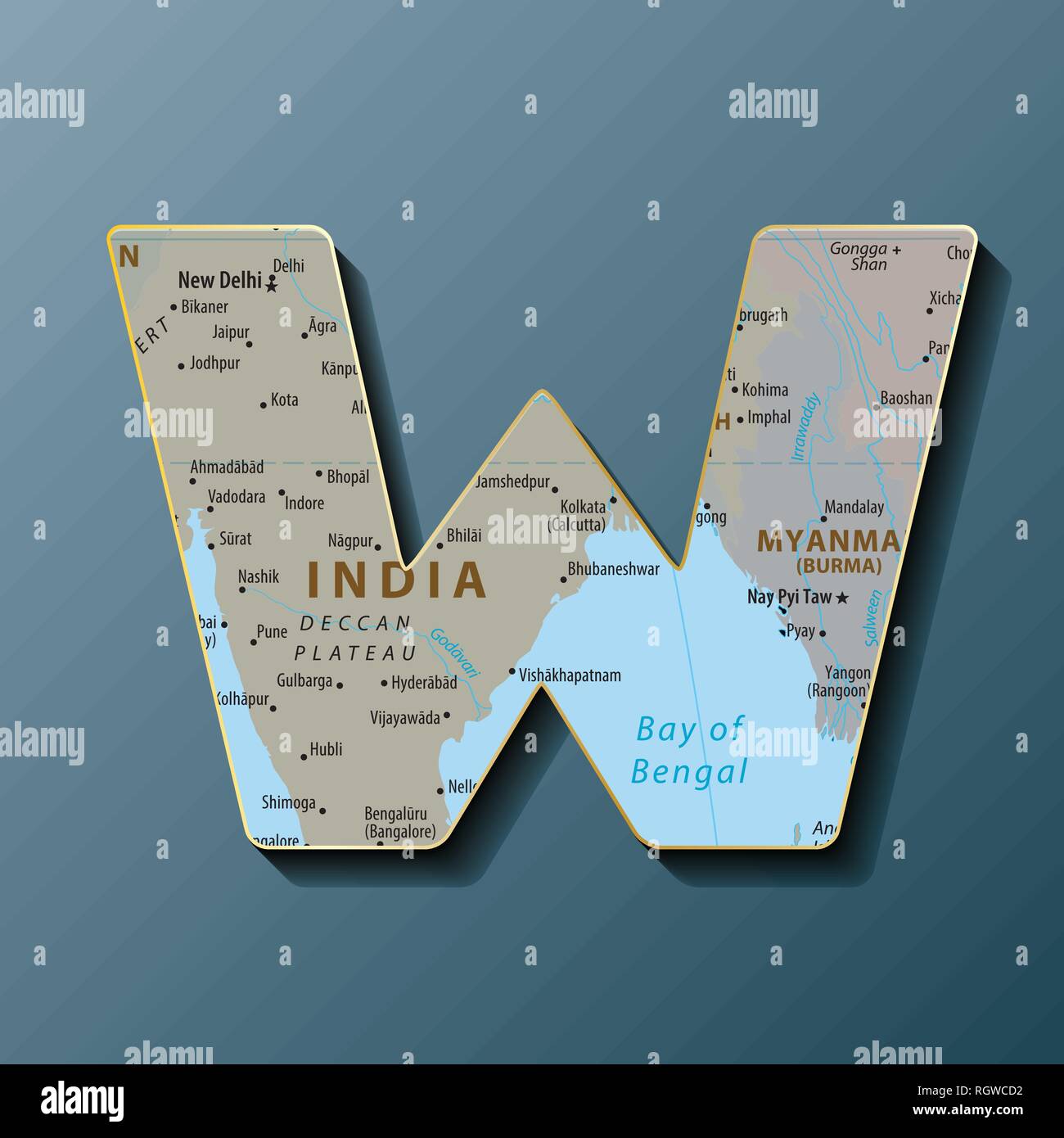 Vector illustration of uppercase letter W with map to use monograms ...