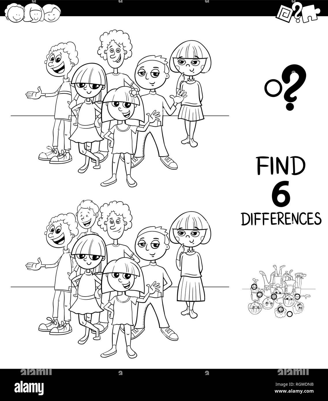Black and White Cartoon Illustration of Finding Six Differences Between ...