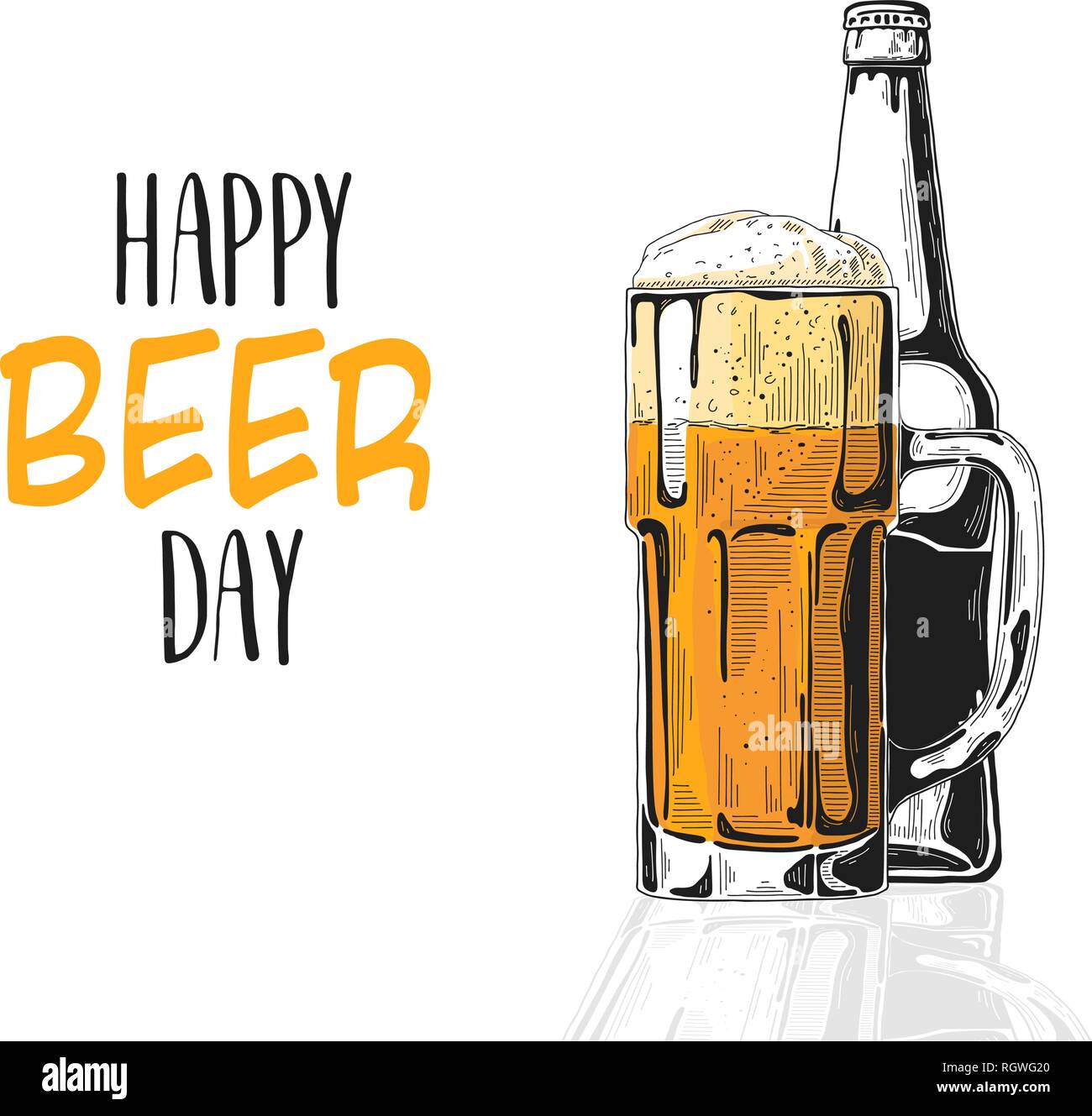 Bottle of beer. Glass with beer. Caption: happy beer day. Vector ...