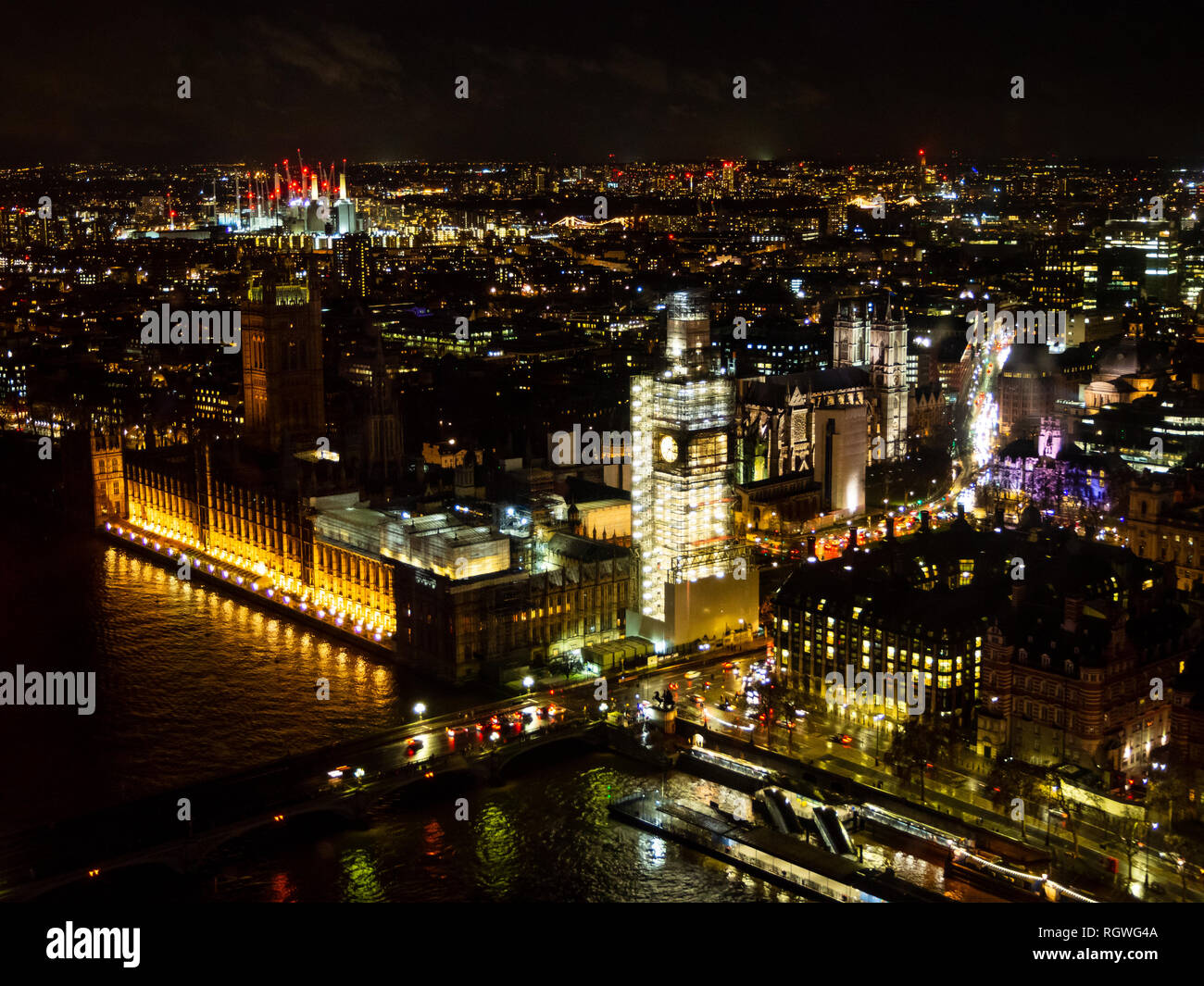 Aerial view at night of Houses of Parliament and The Big Ben clock ...