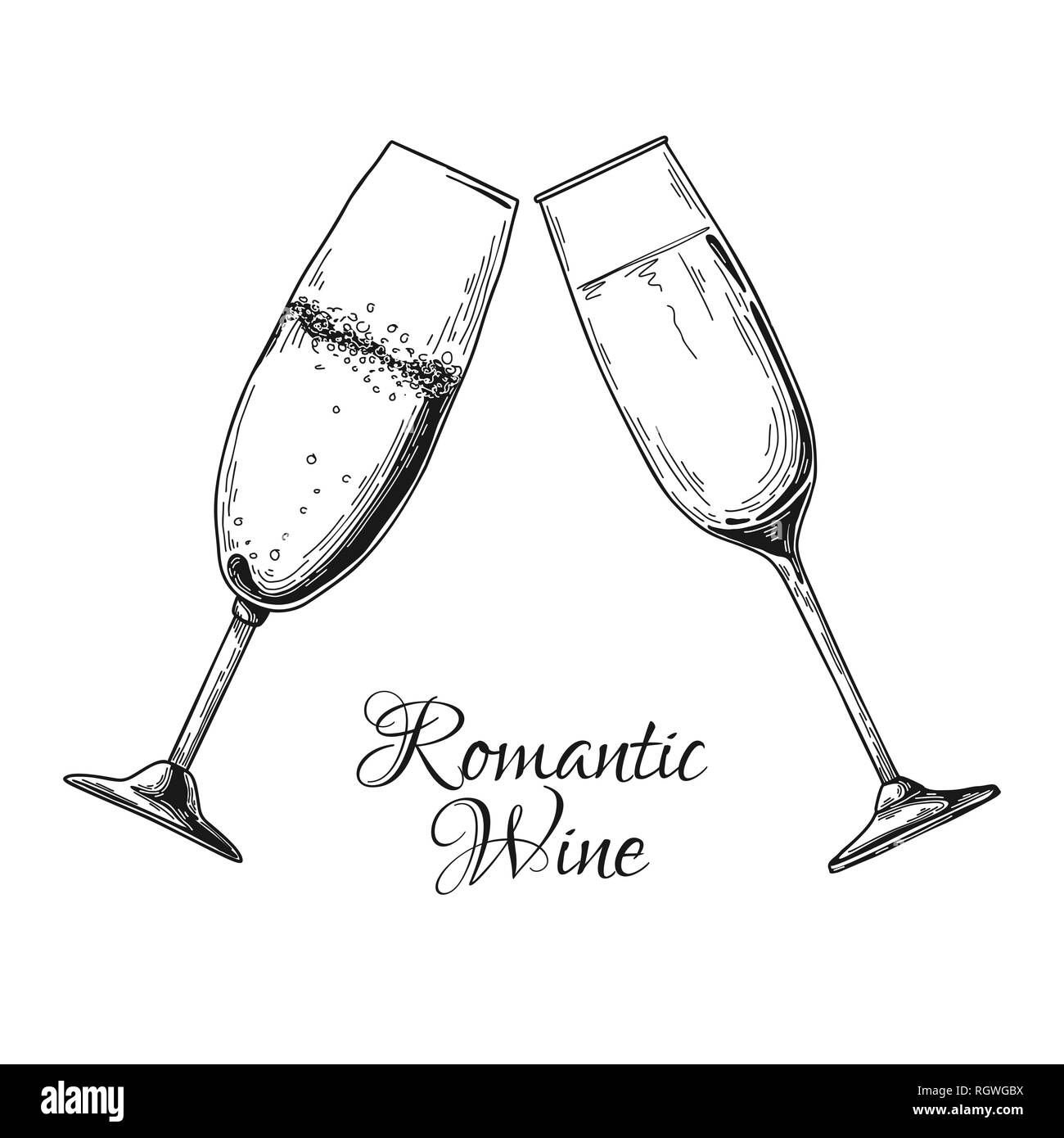 Two glasses of champagne. Text Romantic wine. Vector illustration Stock ...