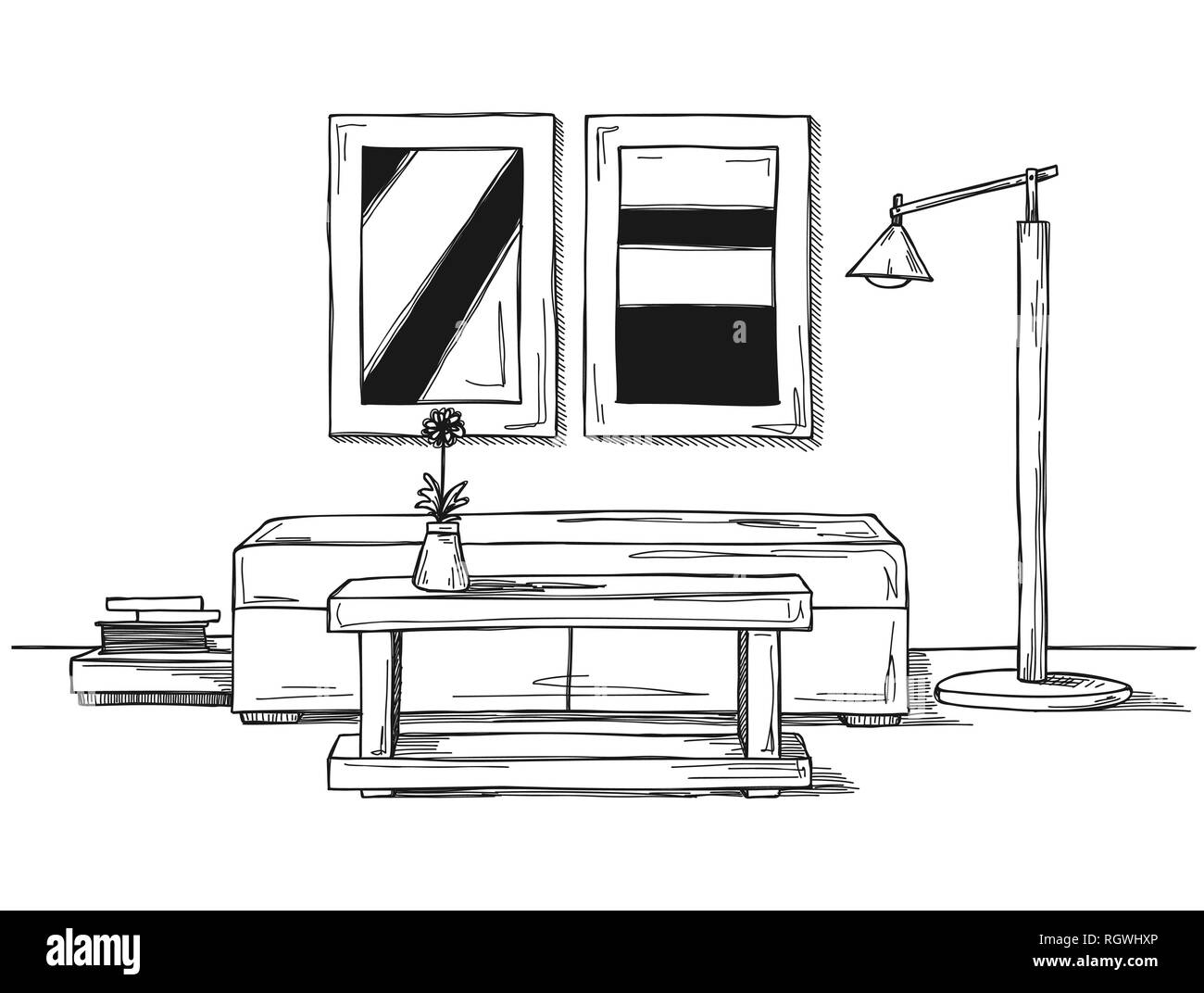 Linear sketch of an interior. Sofa, table, lamp and picture.Hand drawn ...