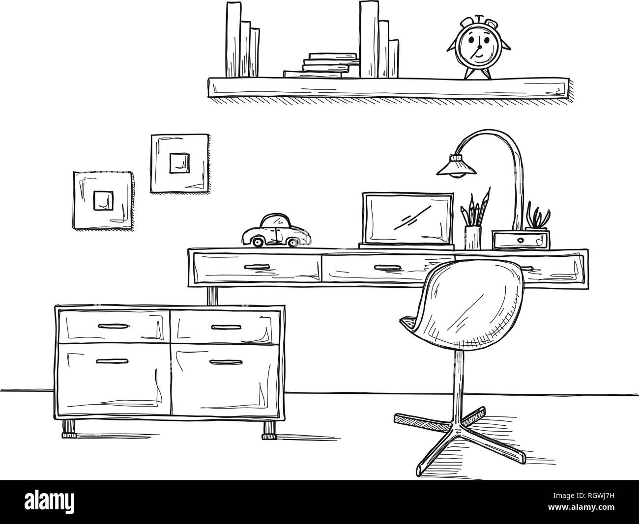 Sketch the room. Office chair, desk, various objects on the table ...