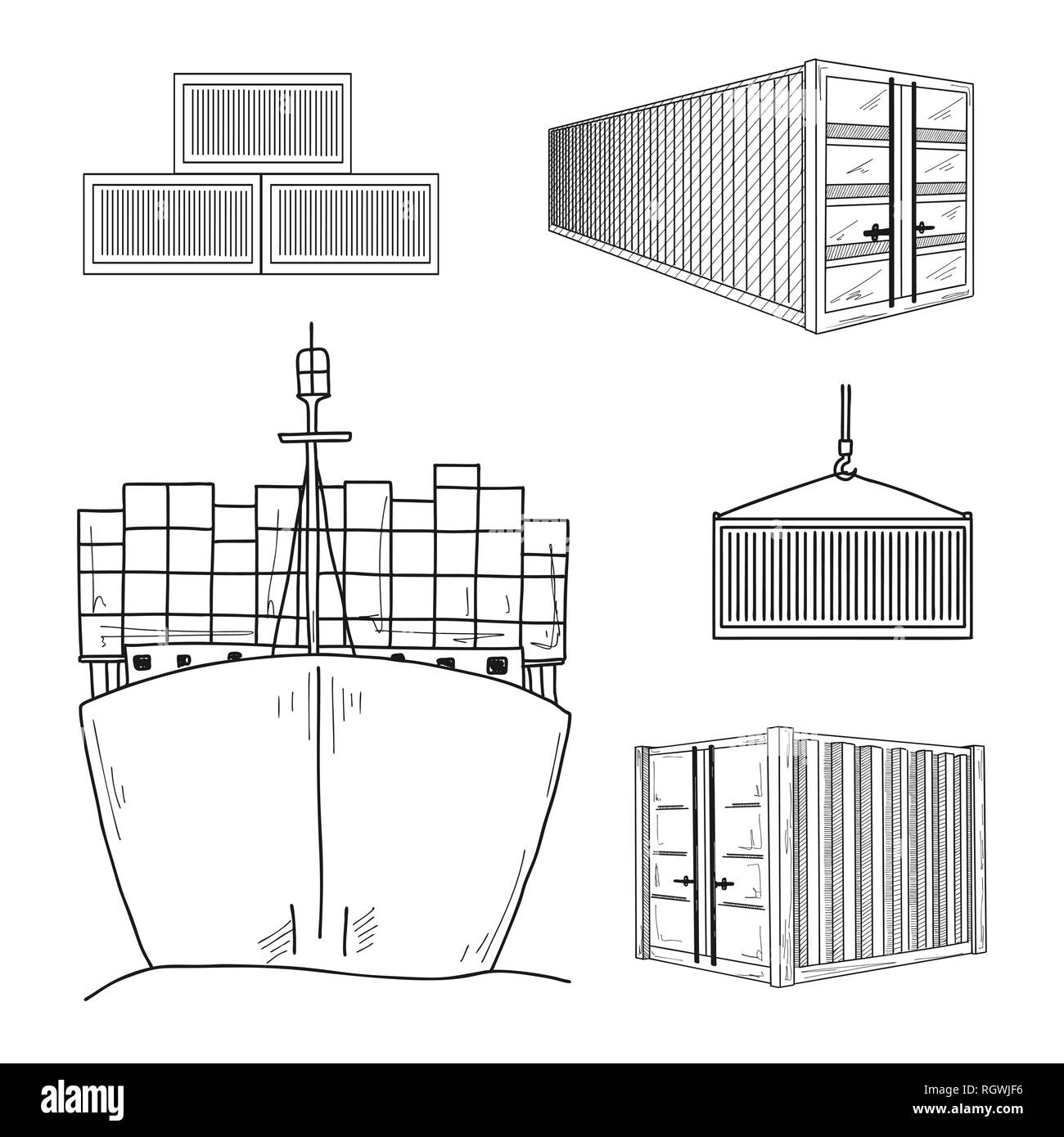 Sketch various containers and cargo ships. Hand drawn. Vector set Stock ...