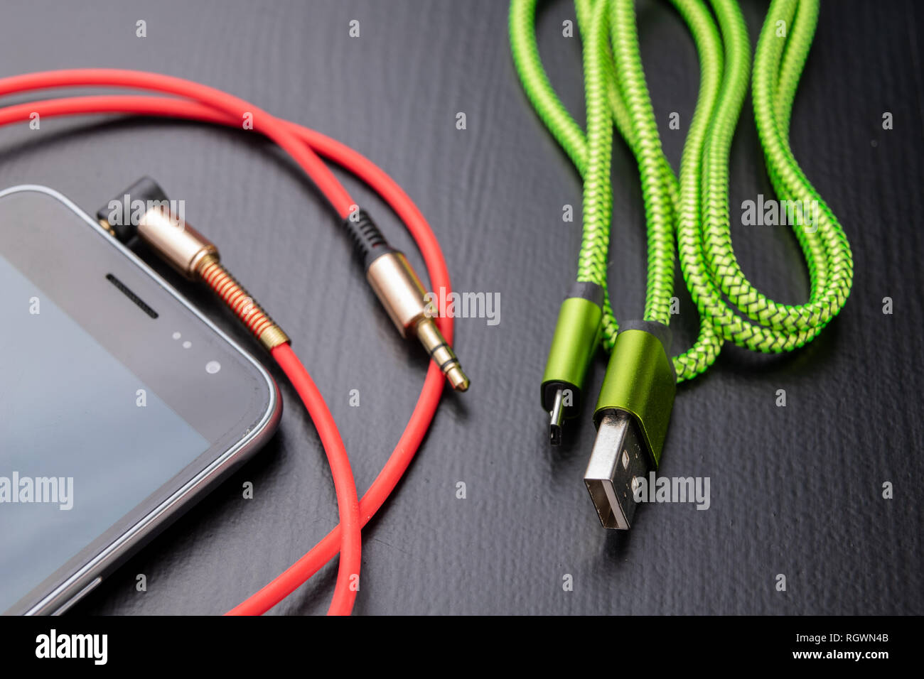 Jack and usb cable for smartphone. Telephone and accessories on the ...